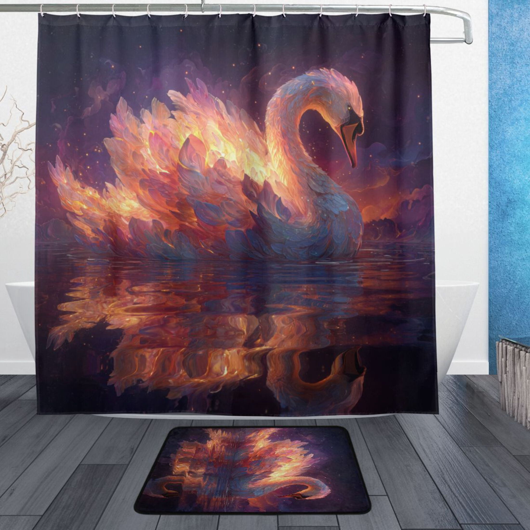 Bath Curtain & 72x72in Non-Slip Bath Mat Set 12-Grommet Shower Curtain ...