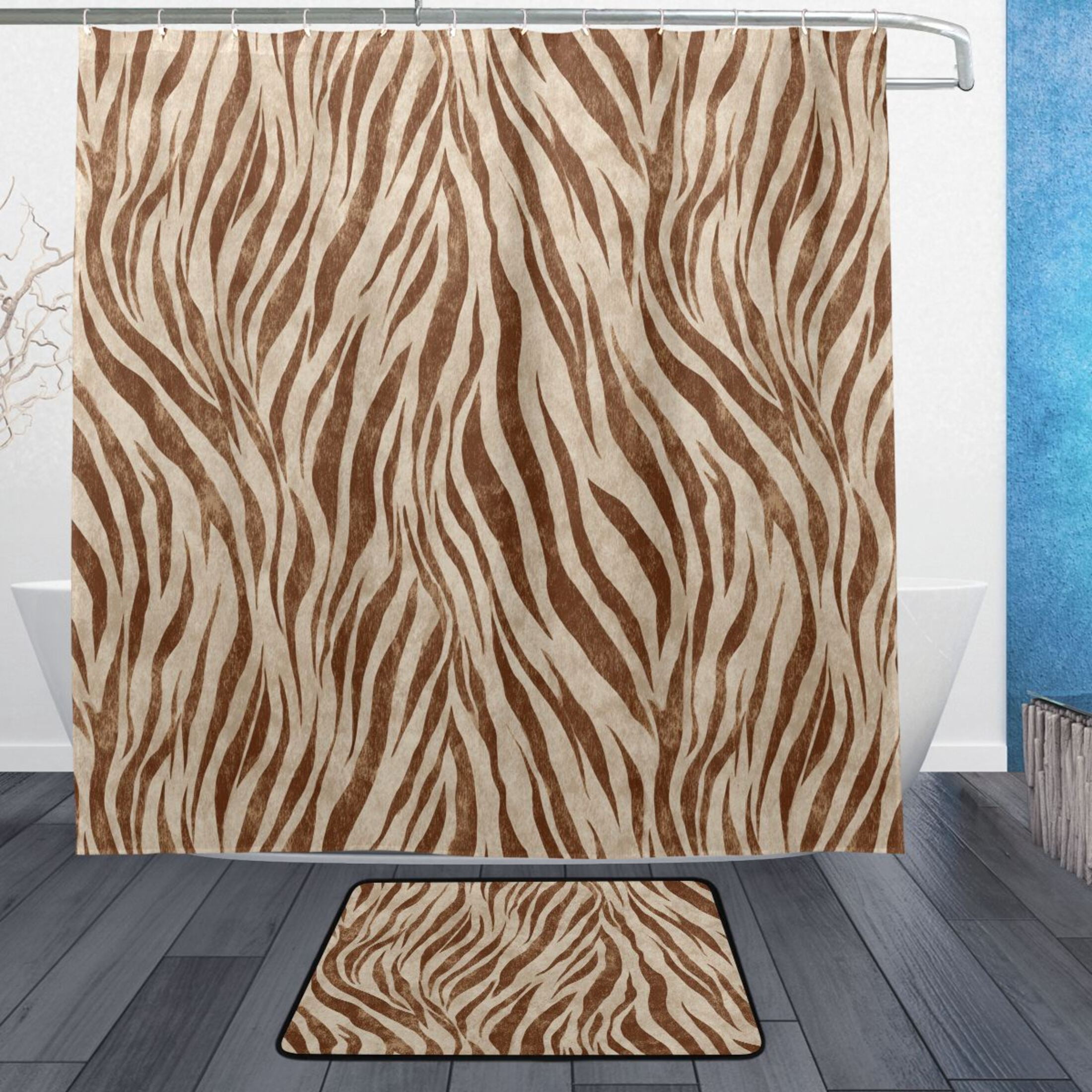 Bath Curtain & 72x72in Non-Slip Bath Mat Set 12-Grommet Shower Curtain ...