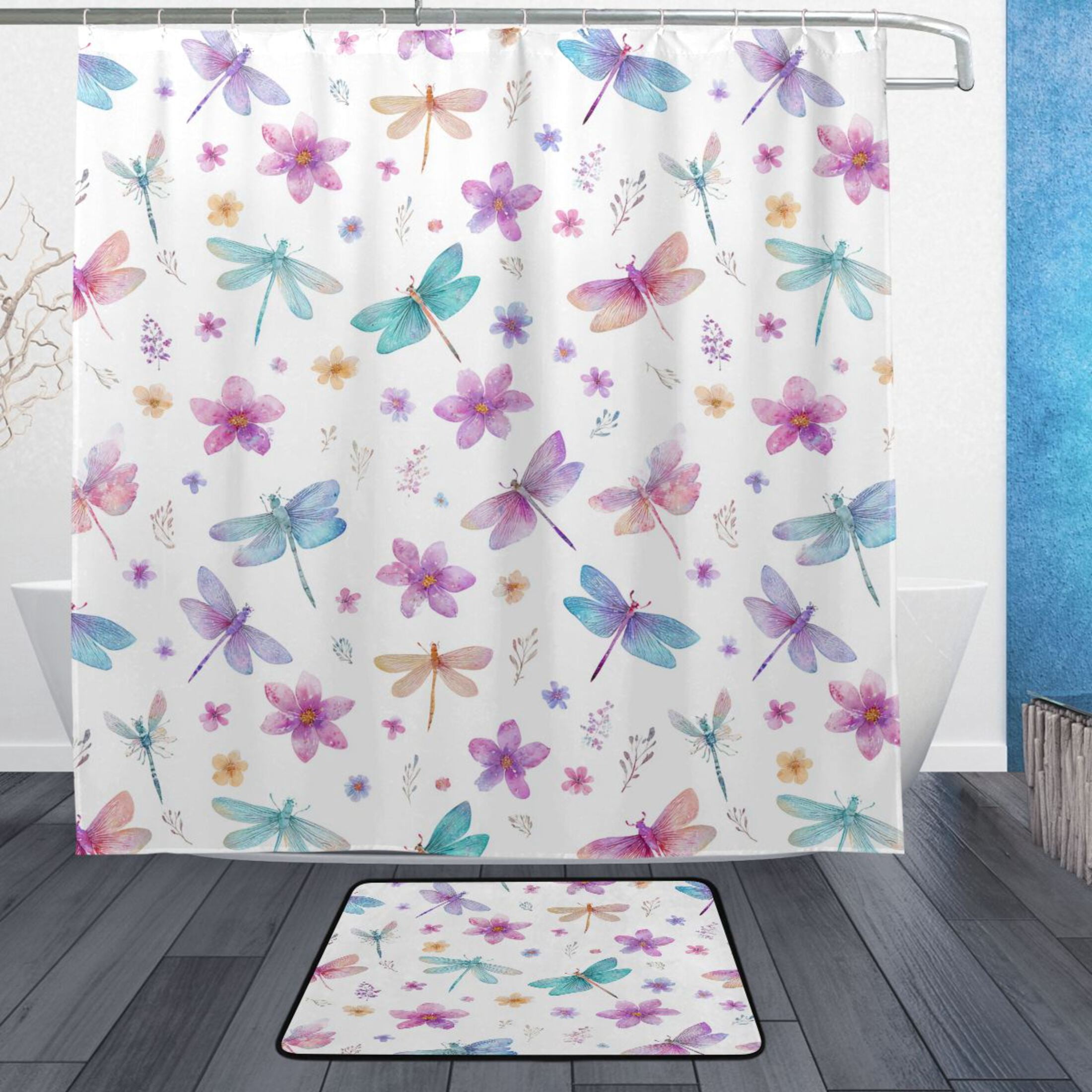Bath Curtain & 72x72in Non-Slip Bath Mat Set 12-Grommet Shower Curtain ...