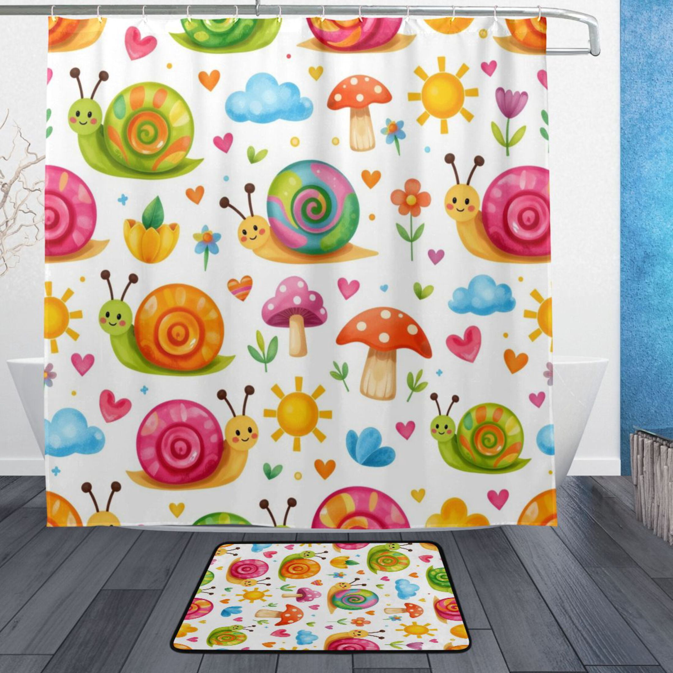Bath Curtain & 72x72in Non-Slip Bath Mat Set 12-Grommet Shower Curtain ...
