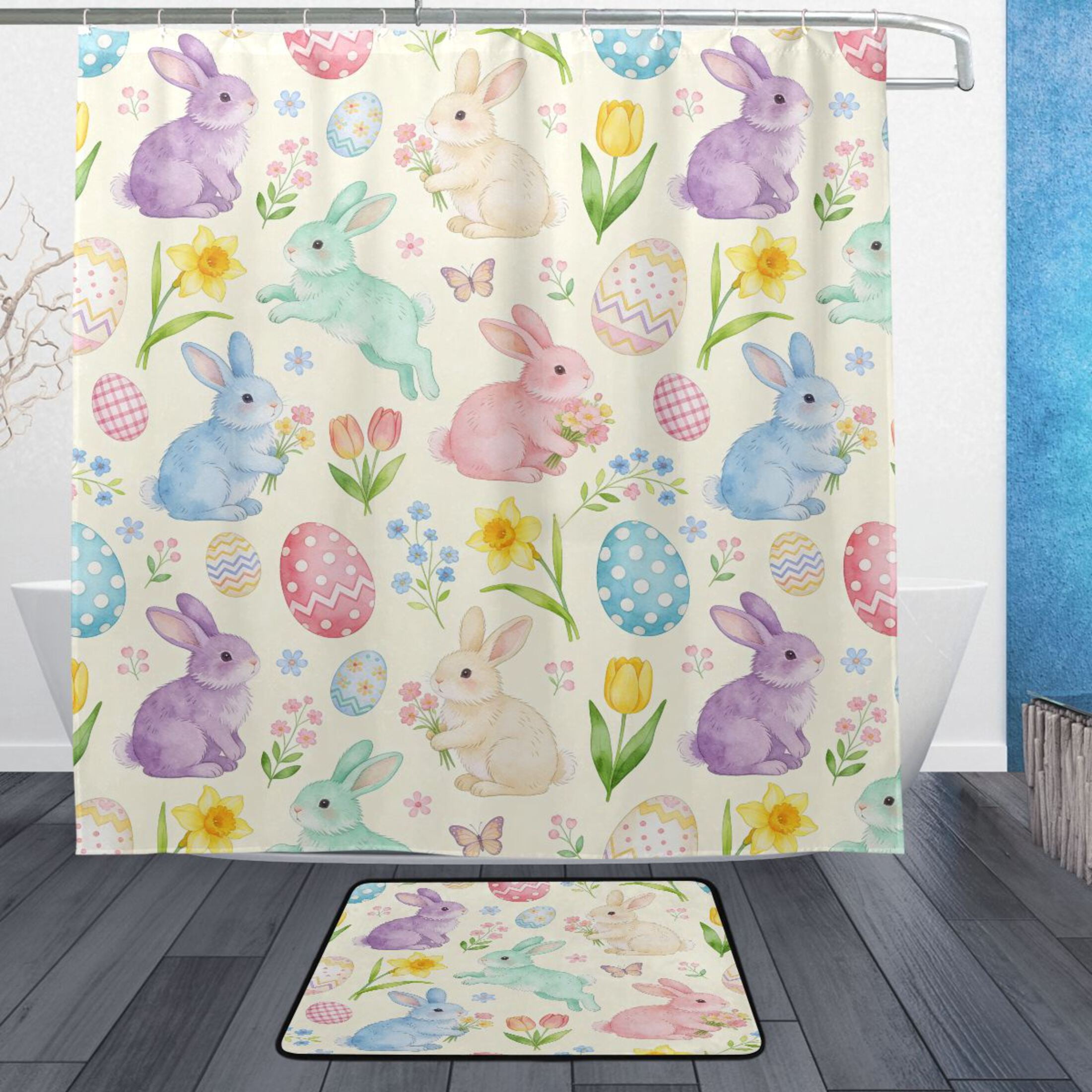 Bath Curtain & 72x72in Non-Slip Bath Mat Set 12-Grommet Shower Curtain ...