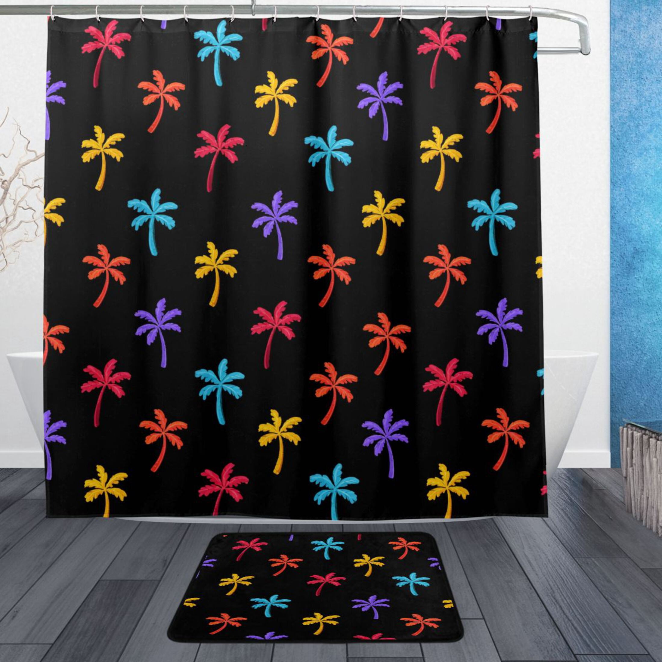 Bath Curtain & 72x72in Non-Slip Bath Mat Set 12-Grommet Shower Curtain ...