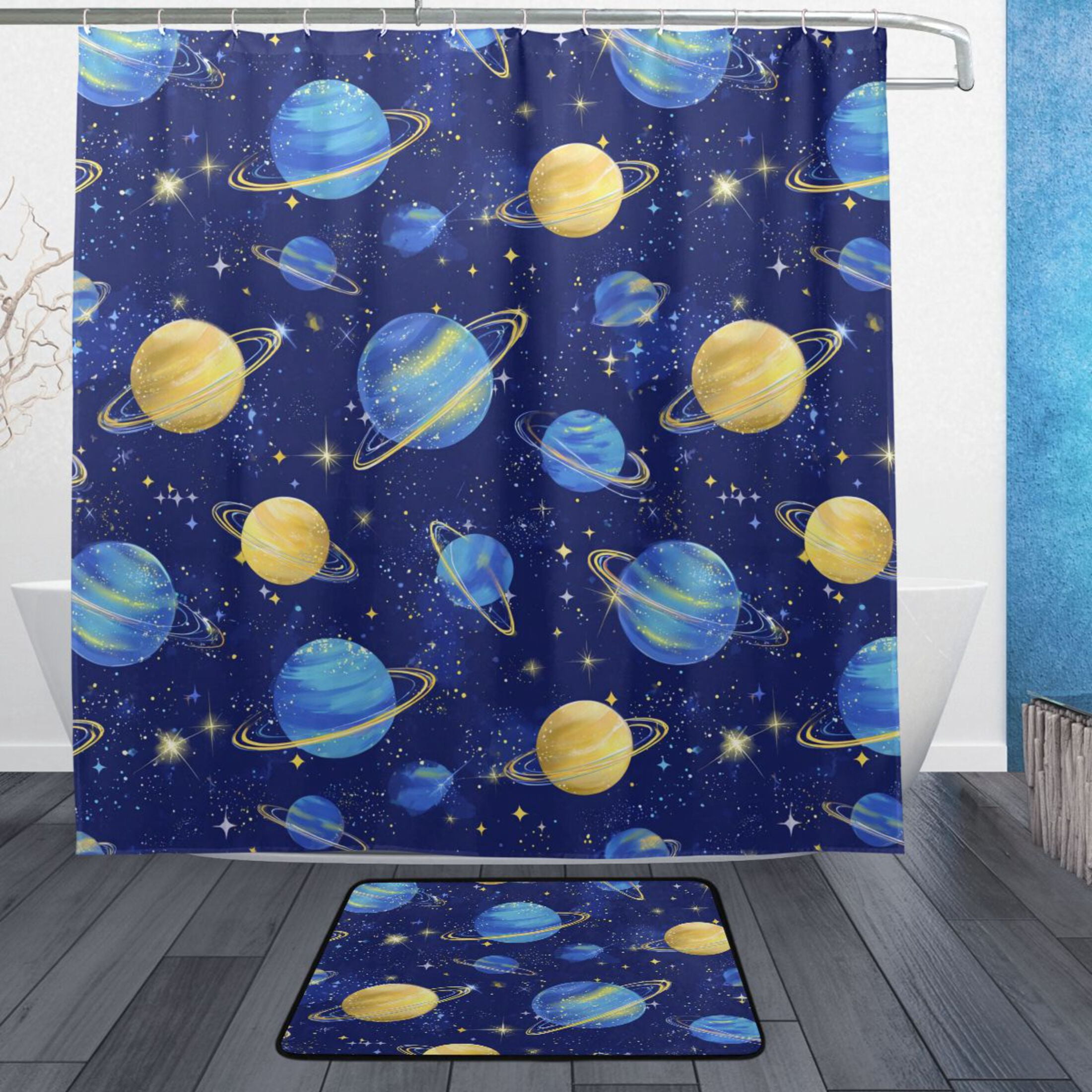 Bath Curtain & 72x72in Non-Slip Bath Mat Set 12-Grommet Shower Curtain ...