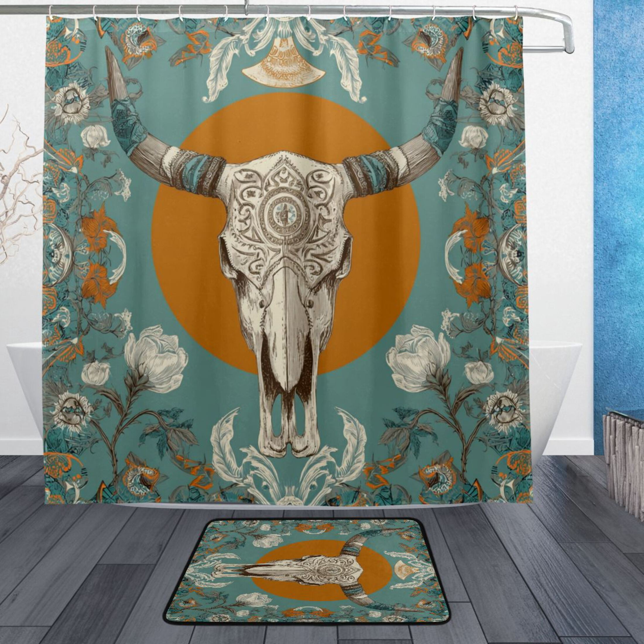 Bath Curtain & 72x72in Non-Slip Bath Mat Set 12-Grommet Shower Curtain ...
