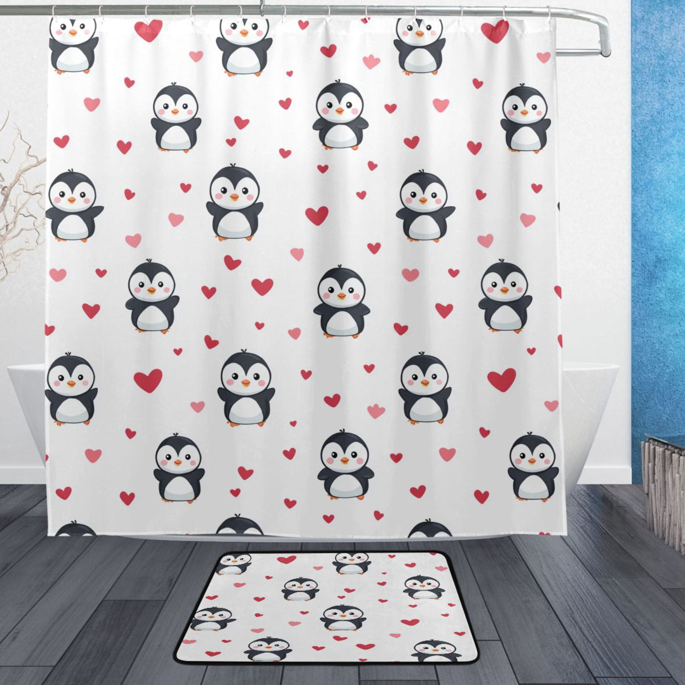 Bath Curtain & 72x72in Non-Slip Bath Mat Set 12-Grommet Shower Curtain ...