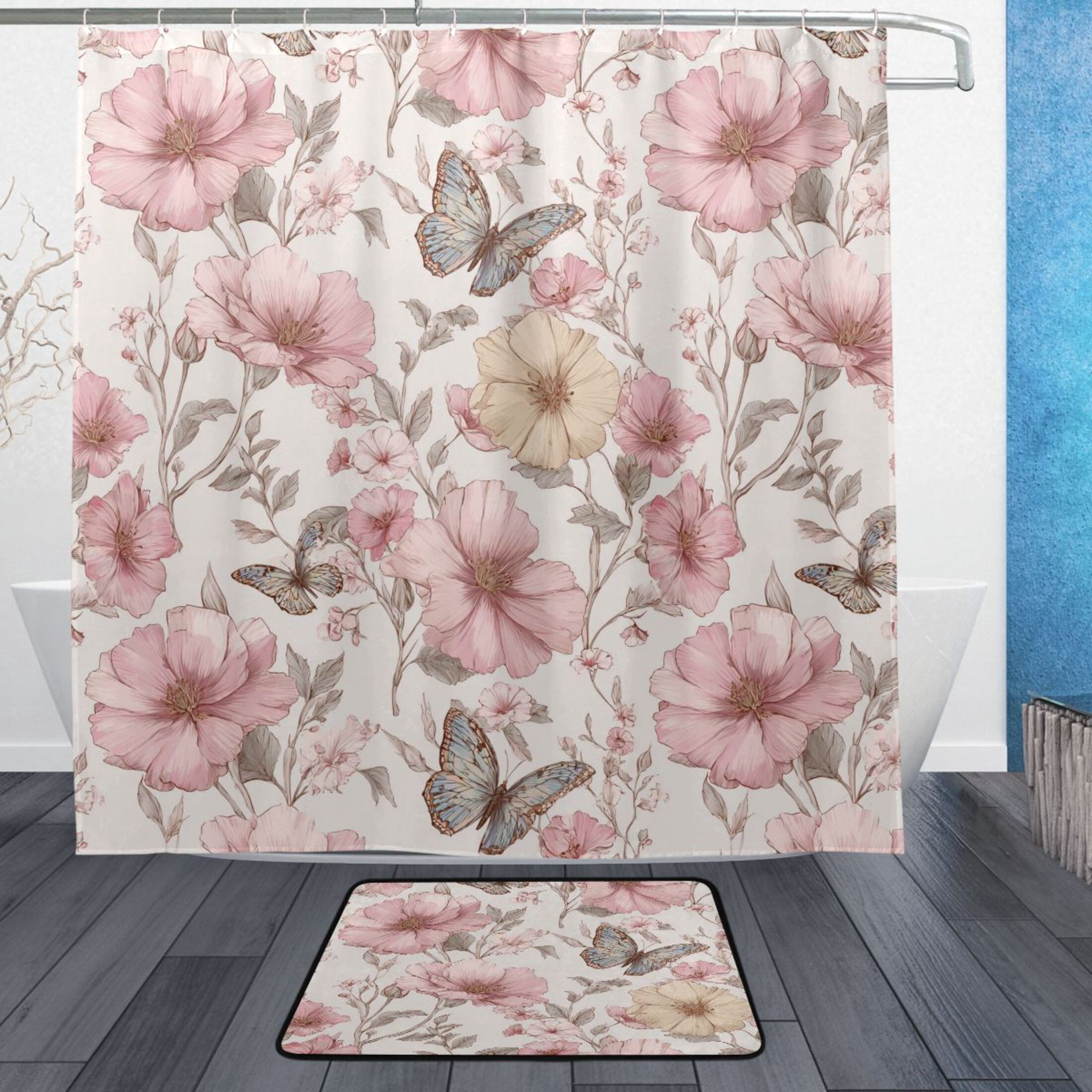 Bath Curtain & 72x72in Non-Slip Bath Mat Set 12-Grommet Shower Curtain ...