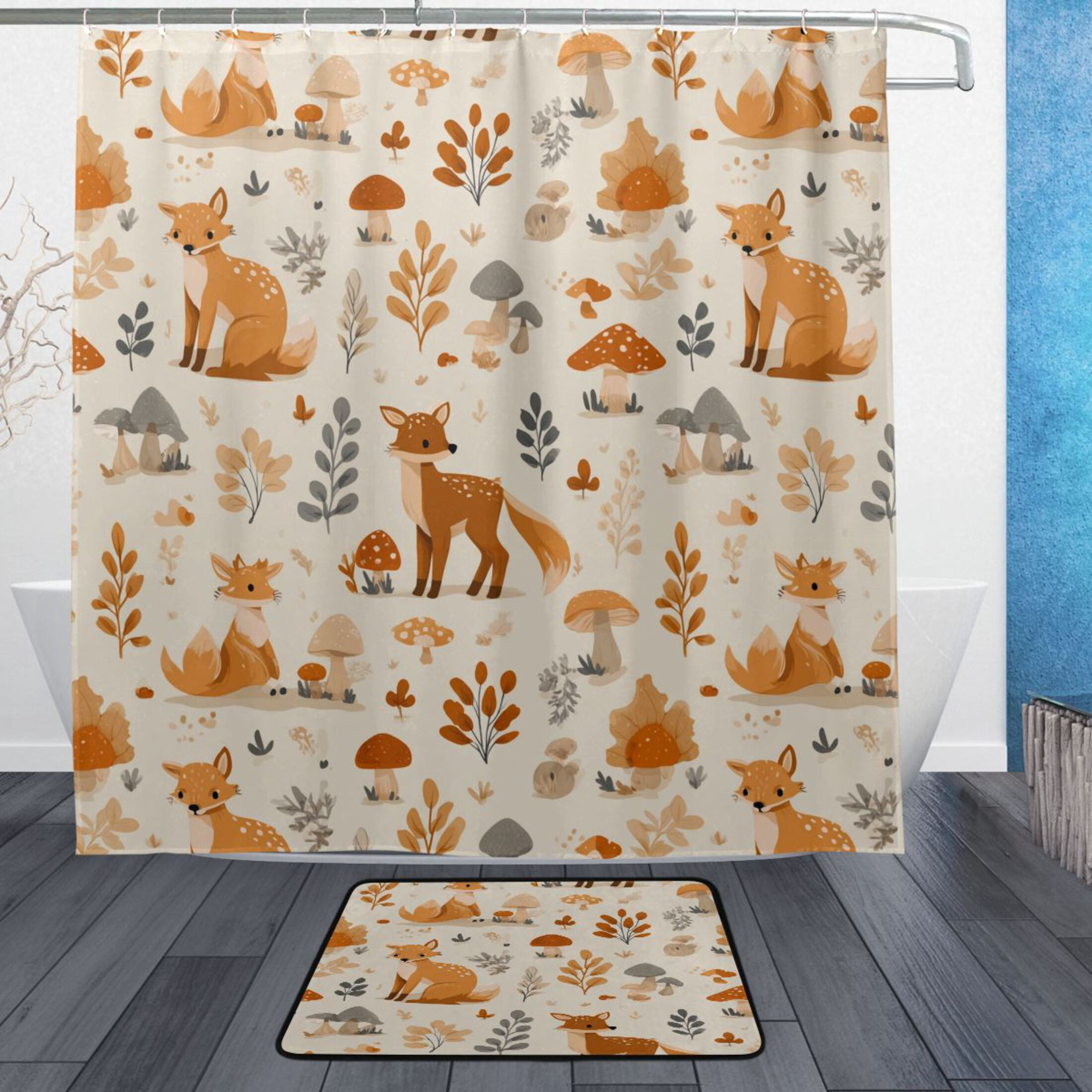 Bath Curtain & 72x72in Non-Slip Bath Mat Set 12-Grommet Shower Curtain ...