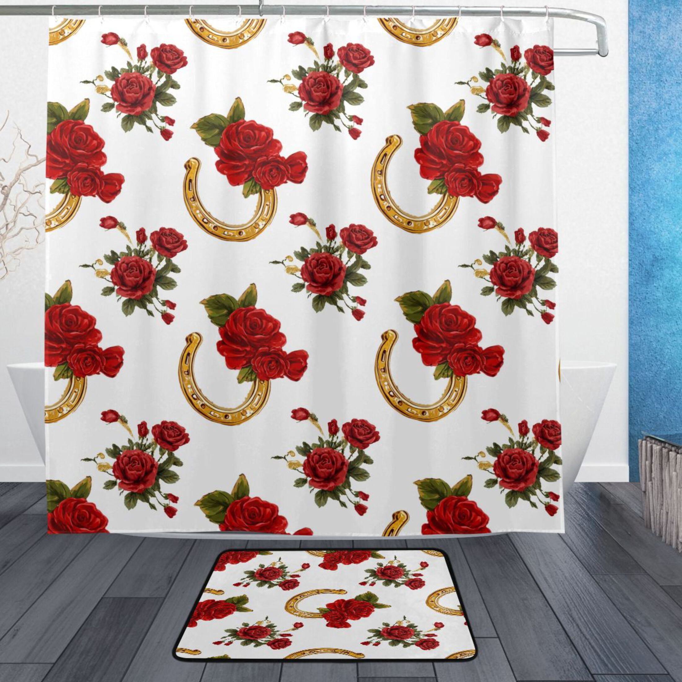 Bath Curtain & 72x72in Non-Slip Bath Mat Set 12-Grommet Shower Curtain ...