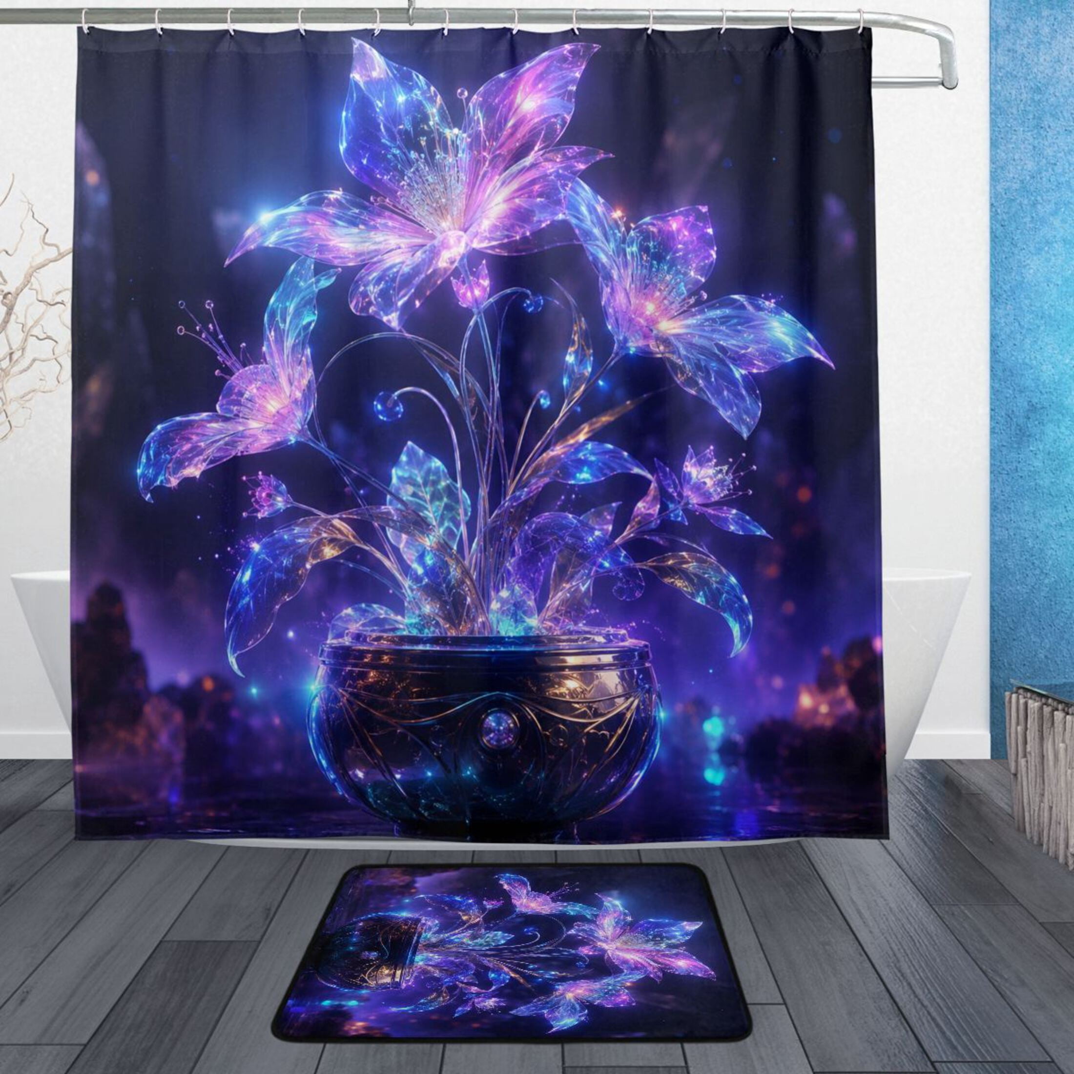 Bath Curtain & 72x72in Non-Slip Bath Mat Set 12-Grommet Shower Curtain ...