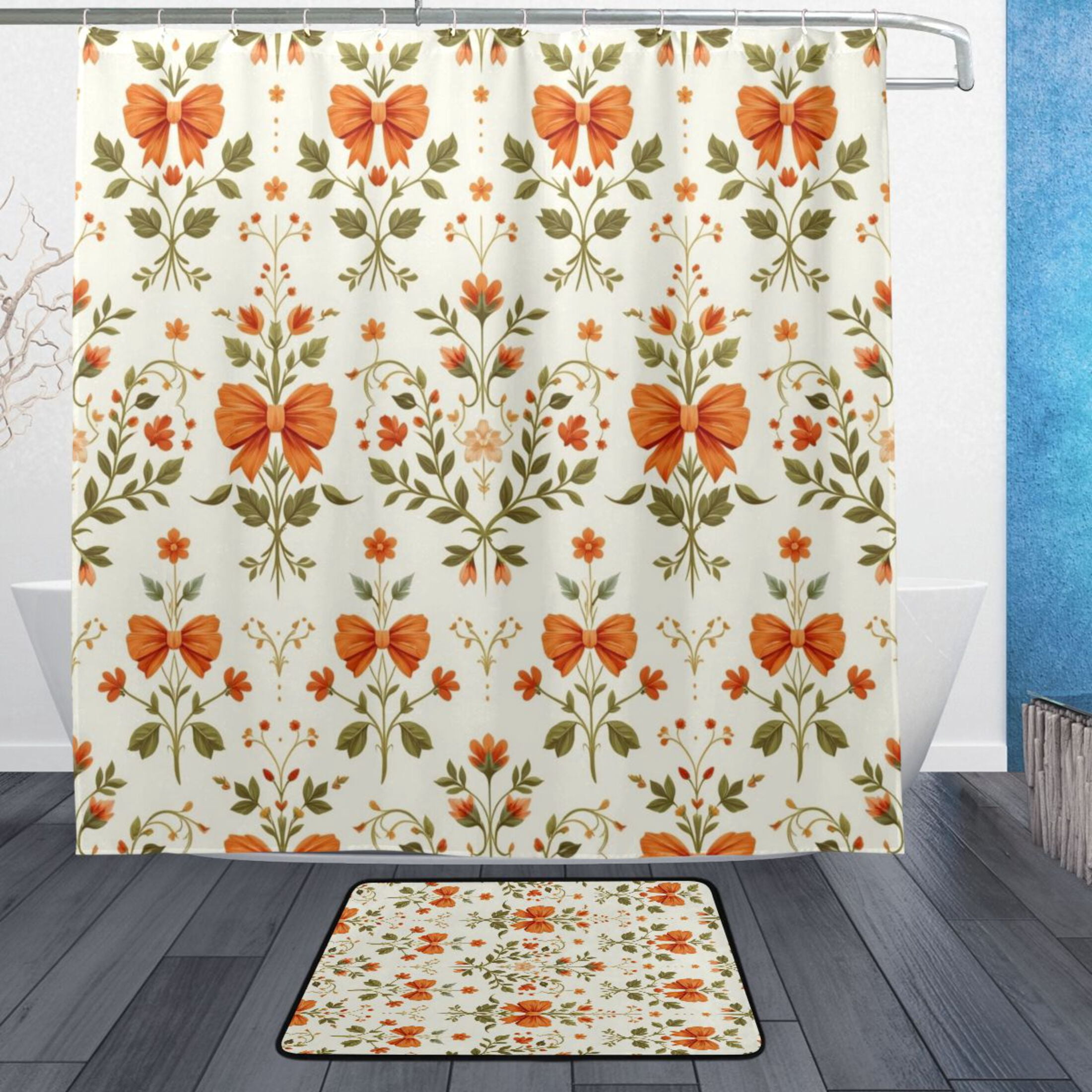 Bath Curtain & 72x72in Non-Slip Bath Mat Set 12-Grommet Shower Curtain ...