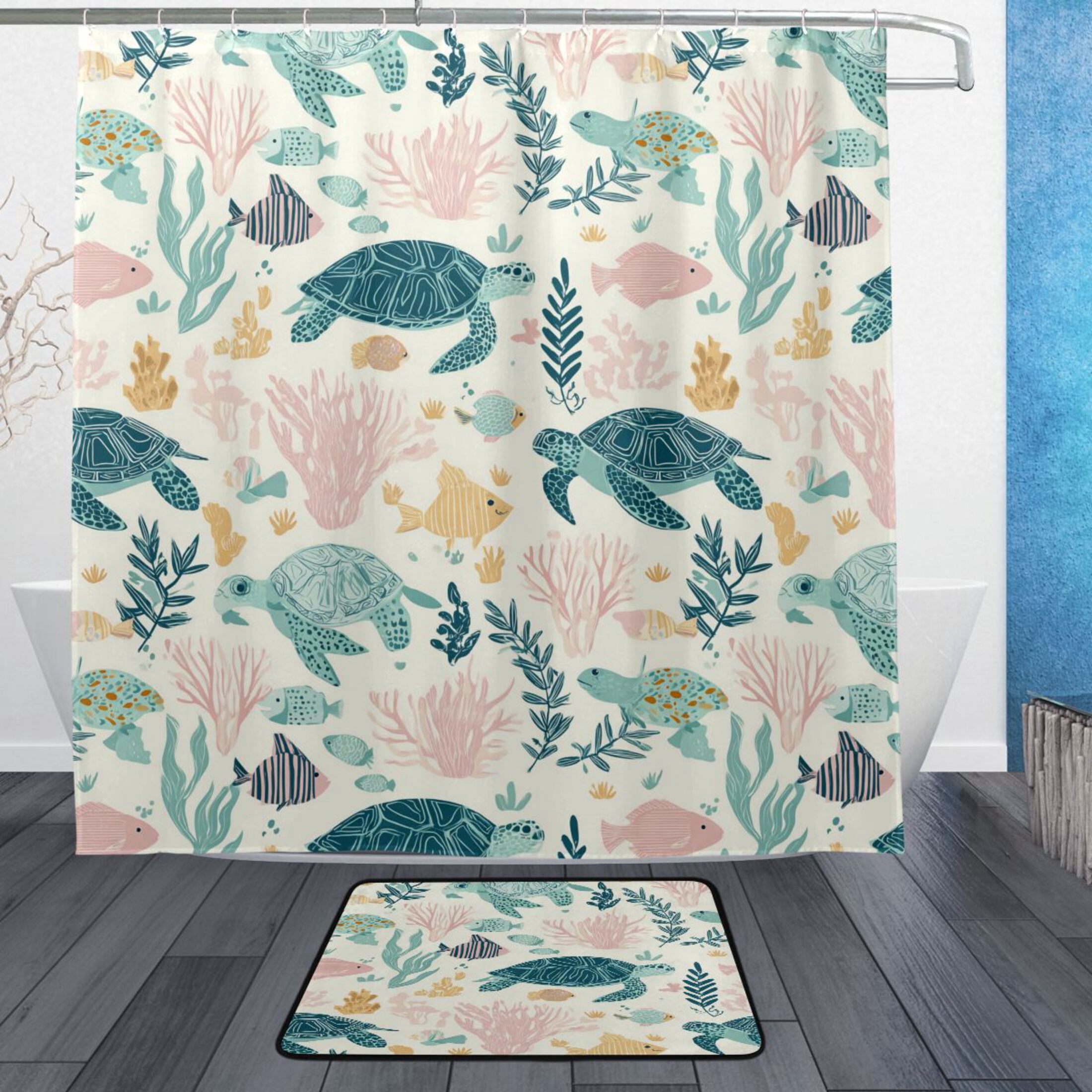 Bath Curtain & 72x72in Non-Slip Bath Mat Set 12-Grommet Shower Curtain ...