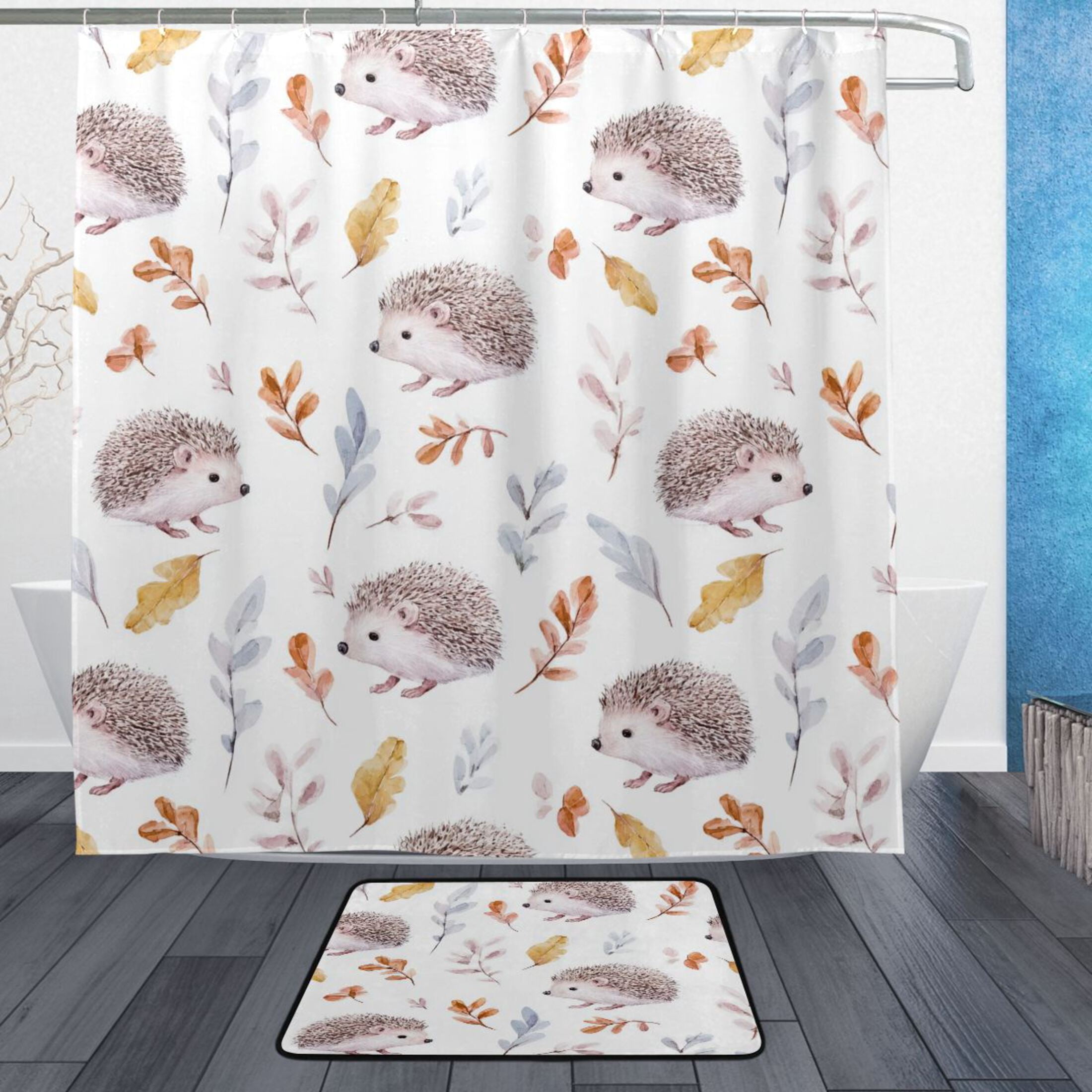 Bath Curtain & 72x72in Non-Slip Bath Mat Set 12-Grommet Shower Curtain ...