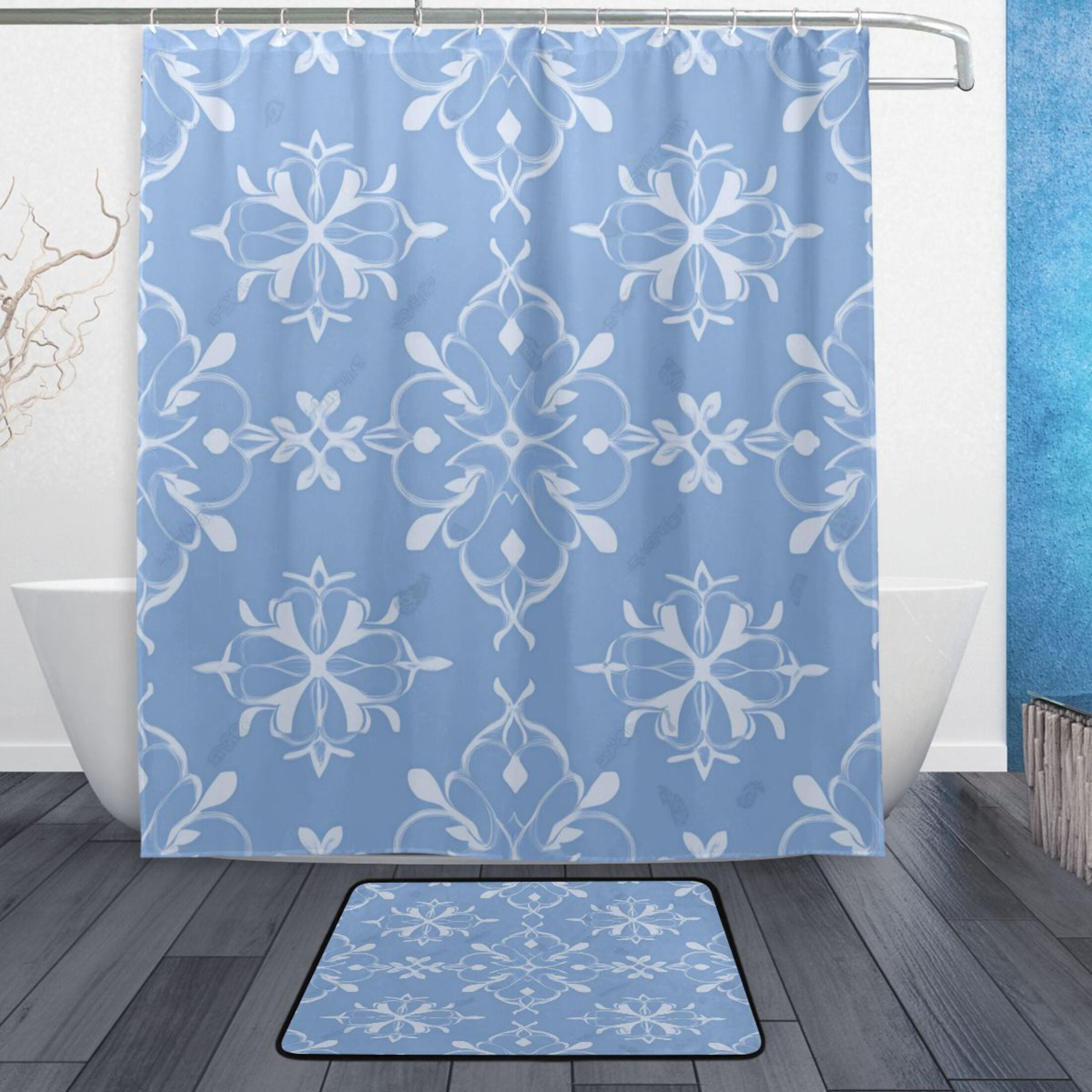 Bath Curtain & Non-Slip Bath Mat Set 12-Grommet Shower Curtain Memory ...