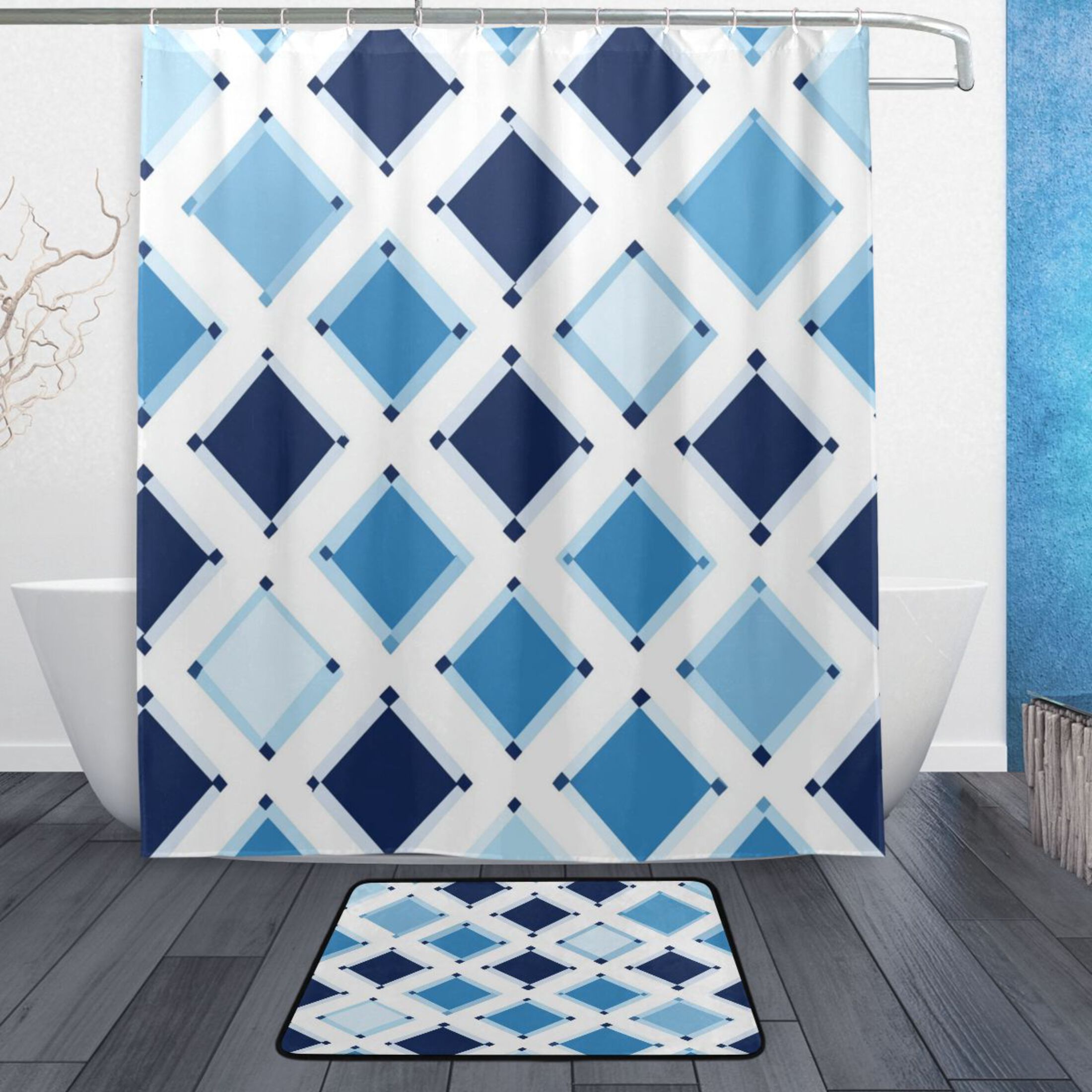 Bath Curtain & Non-Slip Bath Mat Set 12-Grommet Shower Curtain Memory ...