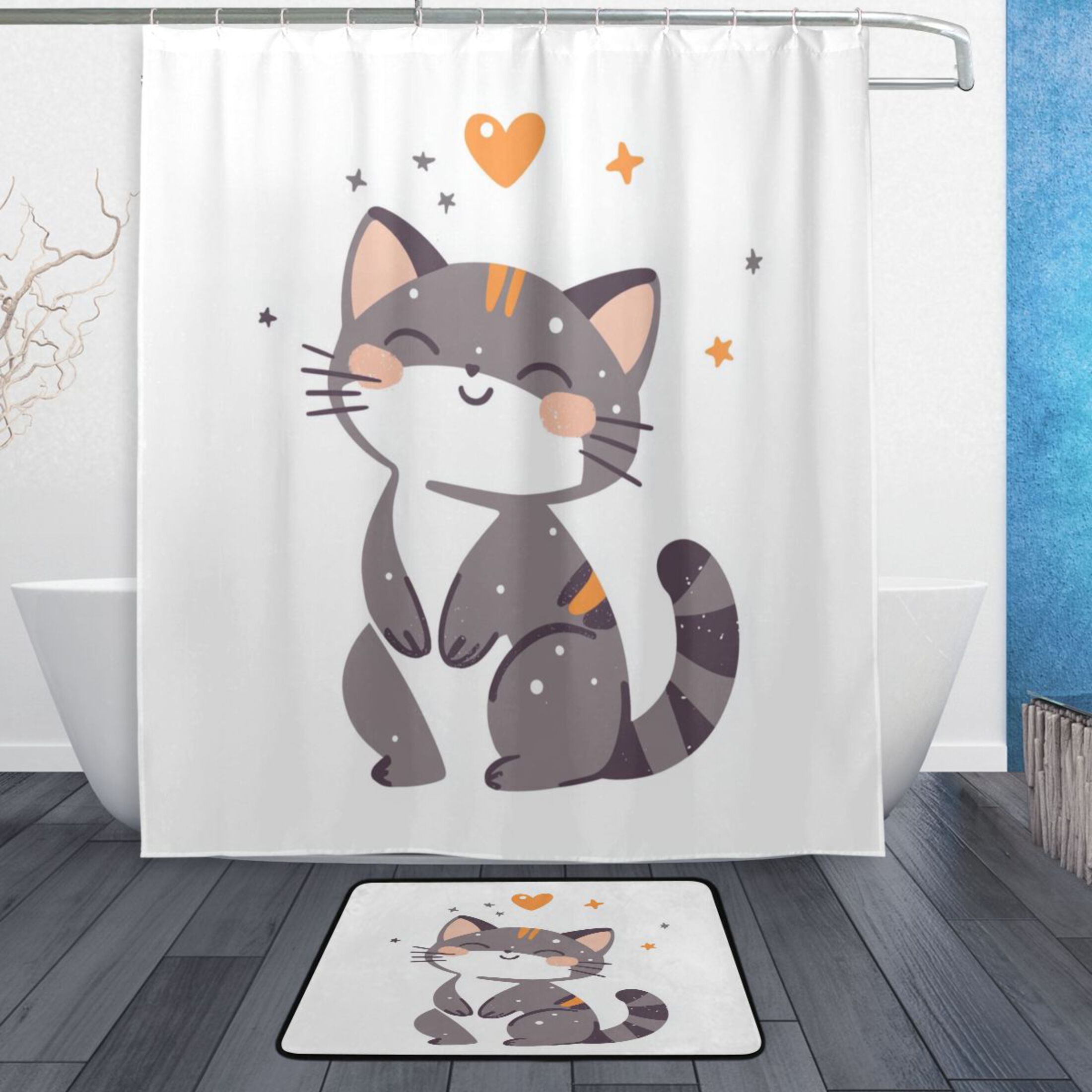 Bath Curtain & Non-Slip Bath Mat Set 12-Grommet Shower Curtain Memory ...