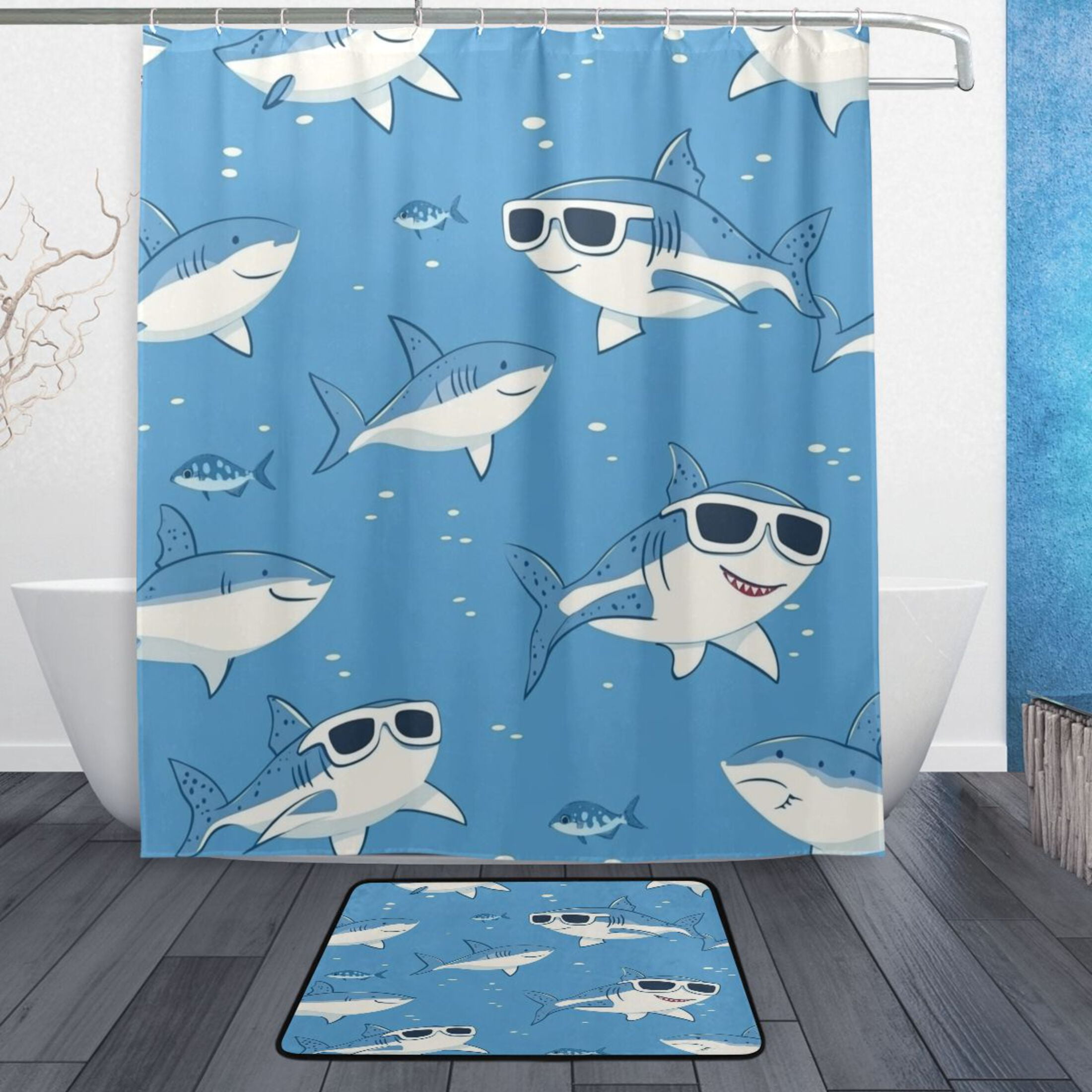 Bath Curtain & Non-Slip Bath Mat Set 12-Grommet Shower Curtain Memory ...