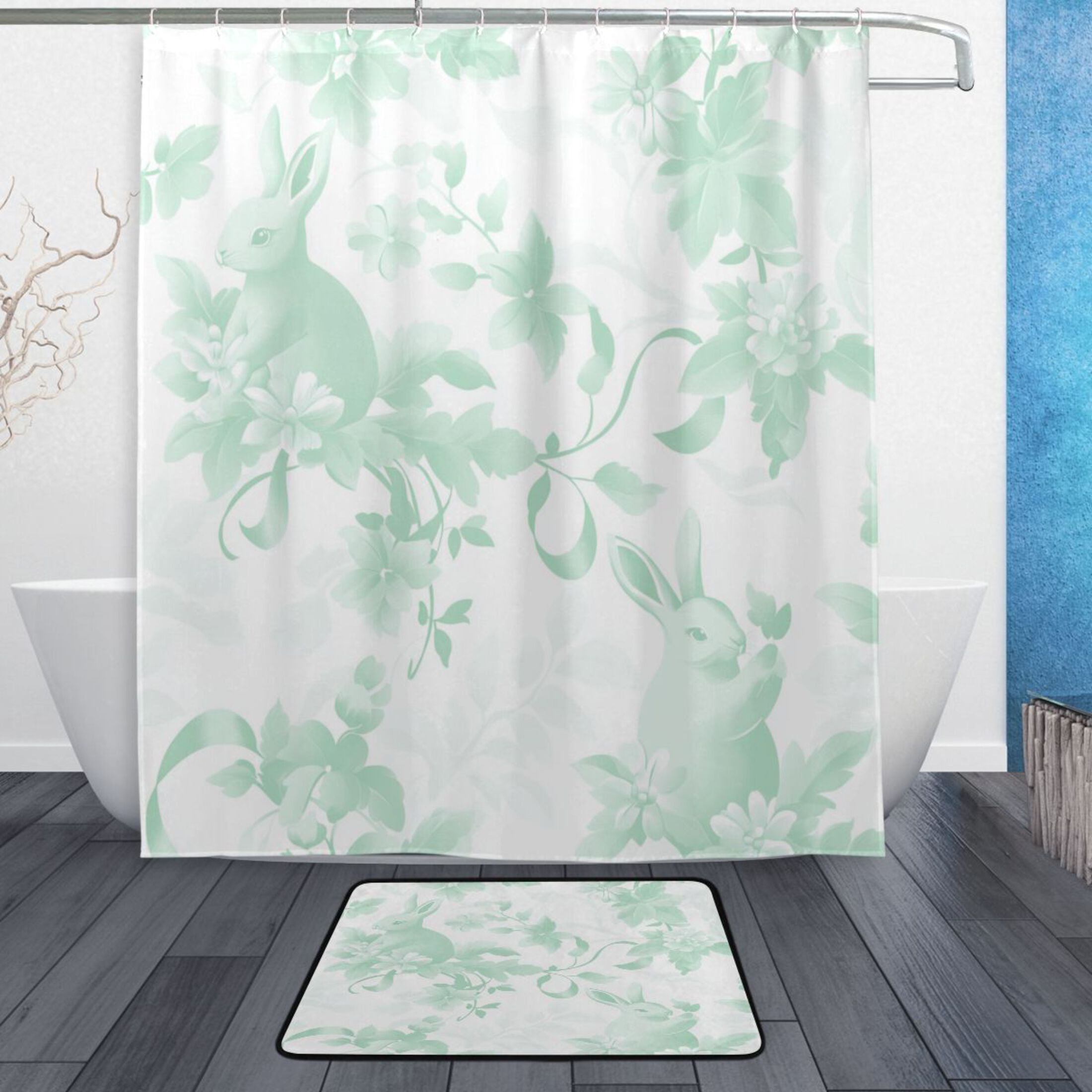 Bath Curtain & Non-Slip Bath Mat Set 12-Grommet Shower Curtain Memory ...