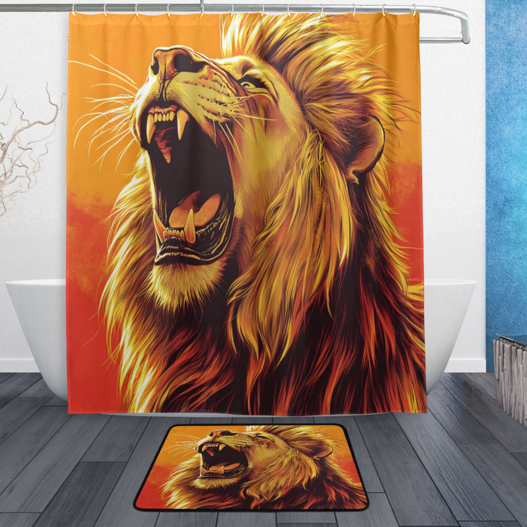 Bath Curtain & Non-Slip Bath Mat Set 12-Grommet Shower Curtain Memory ...