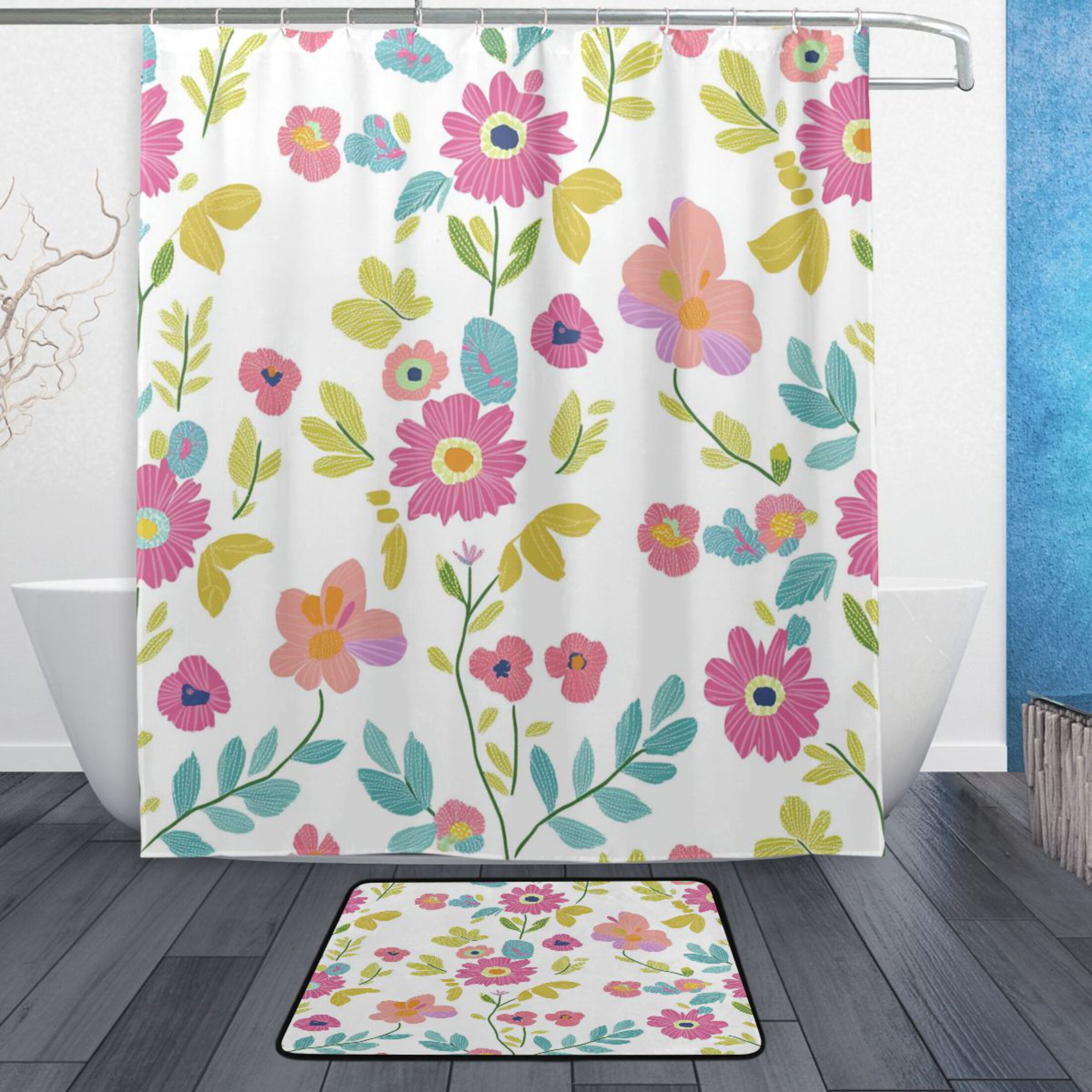 Bath Curtain & Non-Slip Bath Mat Set 12-Grommet Shower Curtain Memory ...