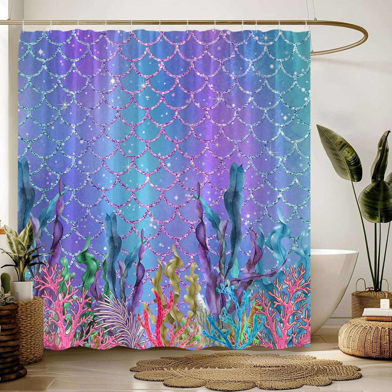 Bath Curtain Teal Purple Scale Shower Curtain for Kids Child Girls Blue ...
