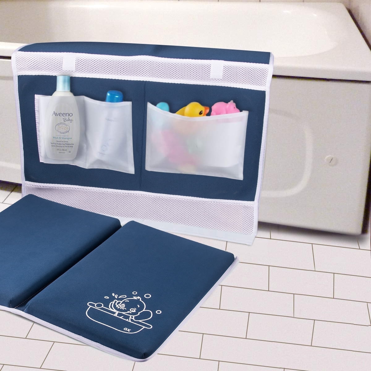 Bath Kneeler Pad with Toy Organizer - Elbow Rest Padding for Baby Bath ...