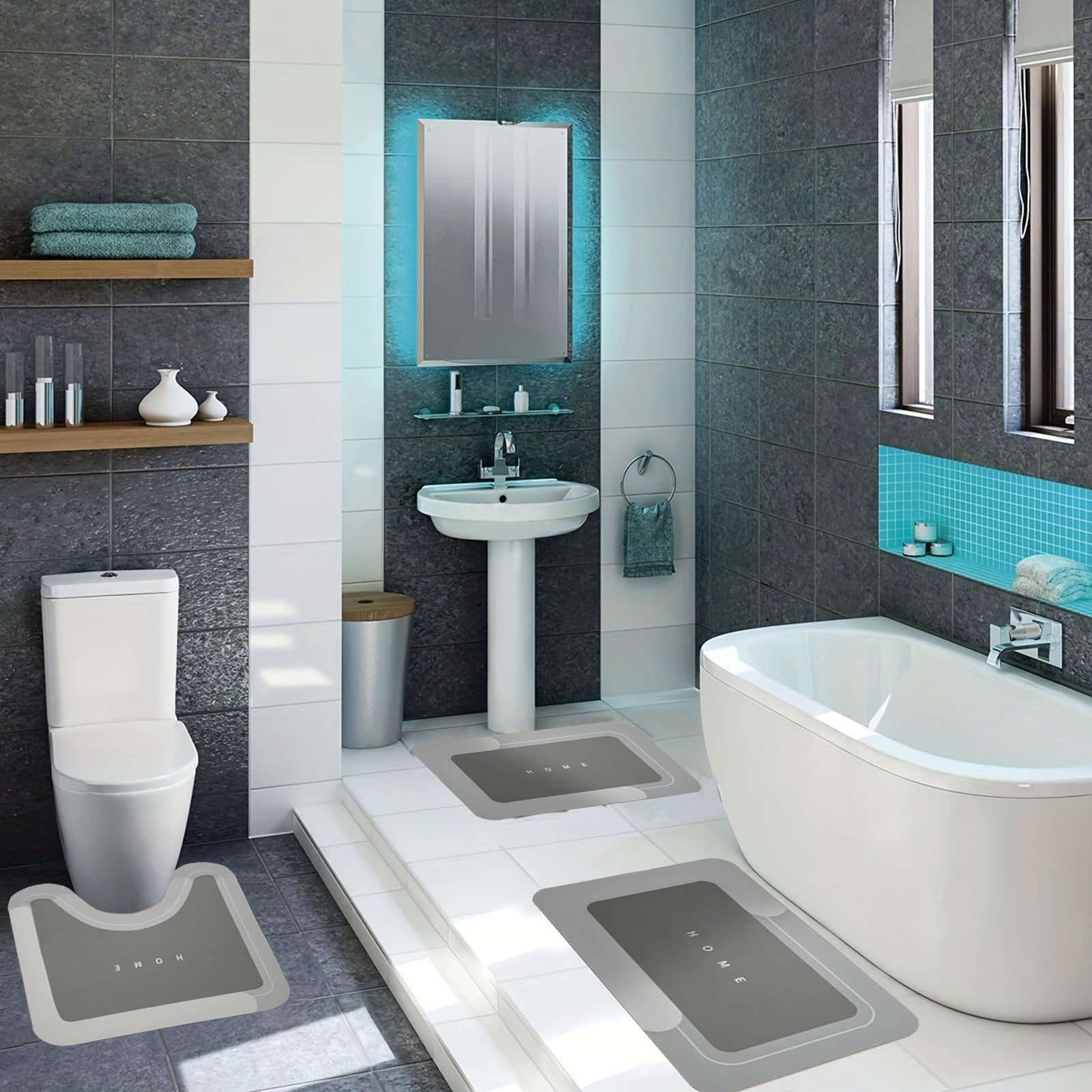 Bath Mat 3 Piece Bathroom Toilet Mat Set Super Absorbent Dry Washable ...