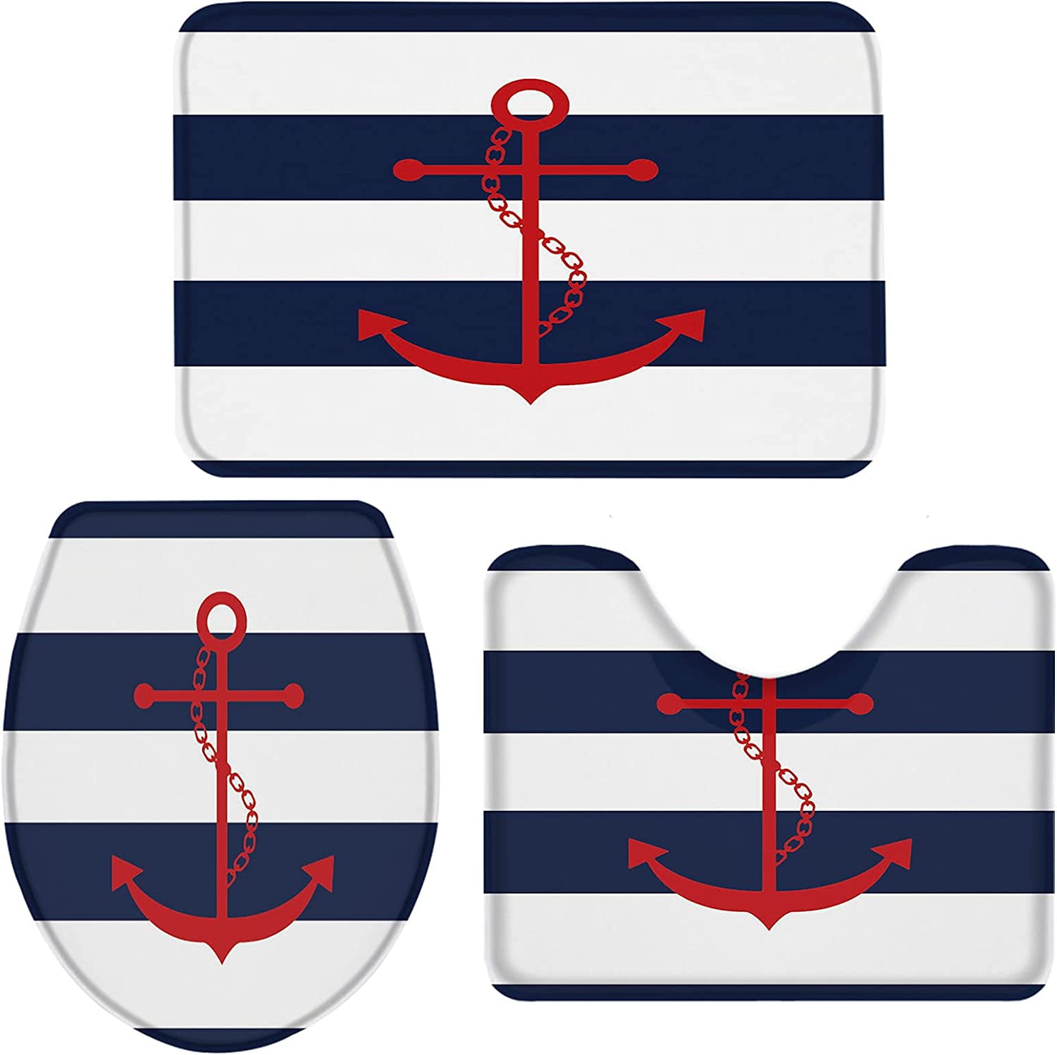 Bath Mat 3 Piece Navy Bathroom Rug Set Nautical Rugs Non Slip Contour ...
