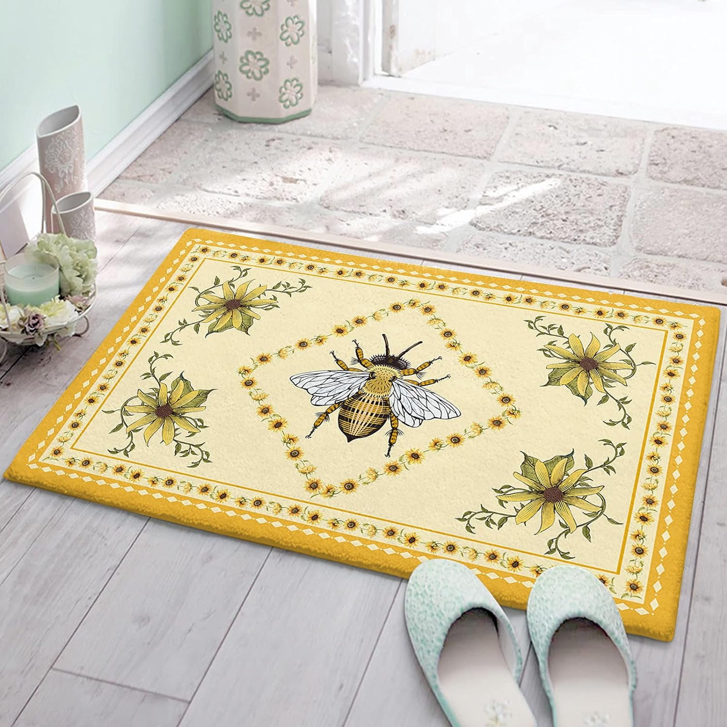Bath Mat Bee Flower Vintage Rustic Yellow Indoor Outdoor Doormat ...