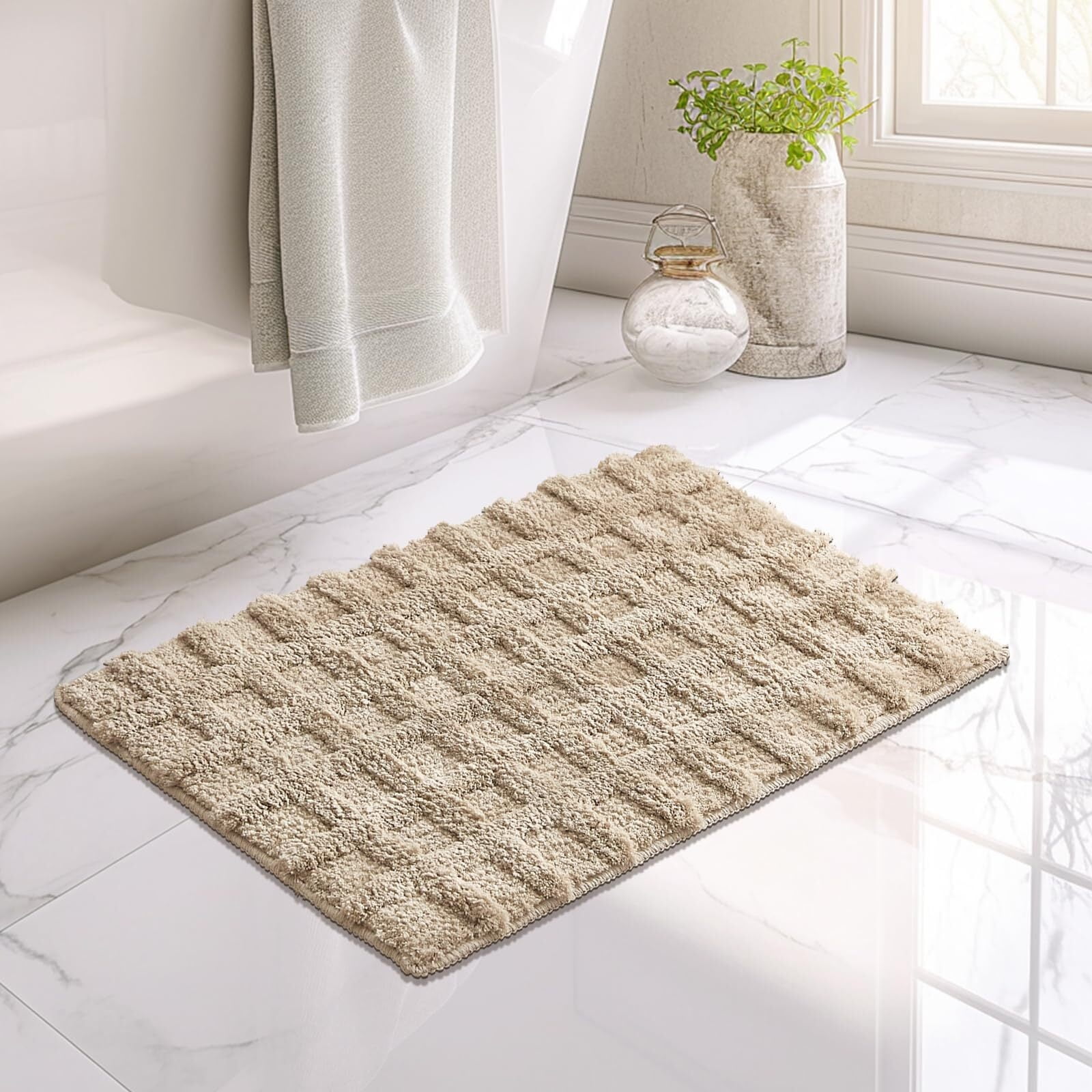 Bath Mat Beige 24''x 16'',Non Slip Small Bathroom Rugs,Boho Absorbent ...