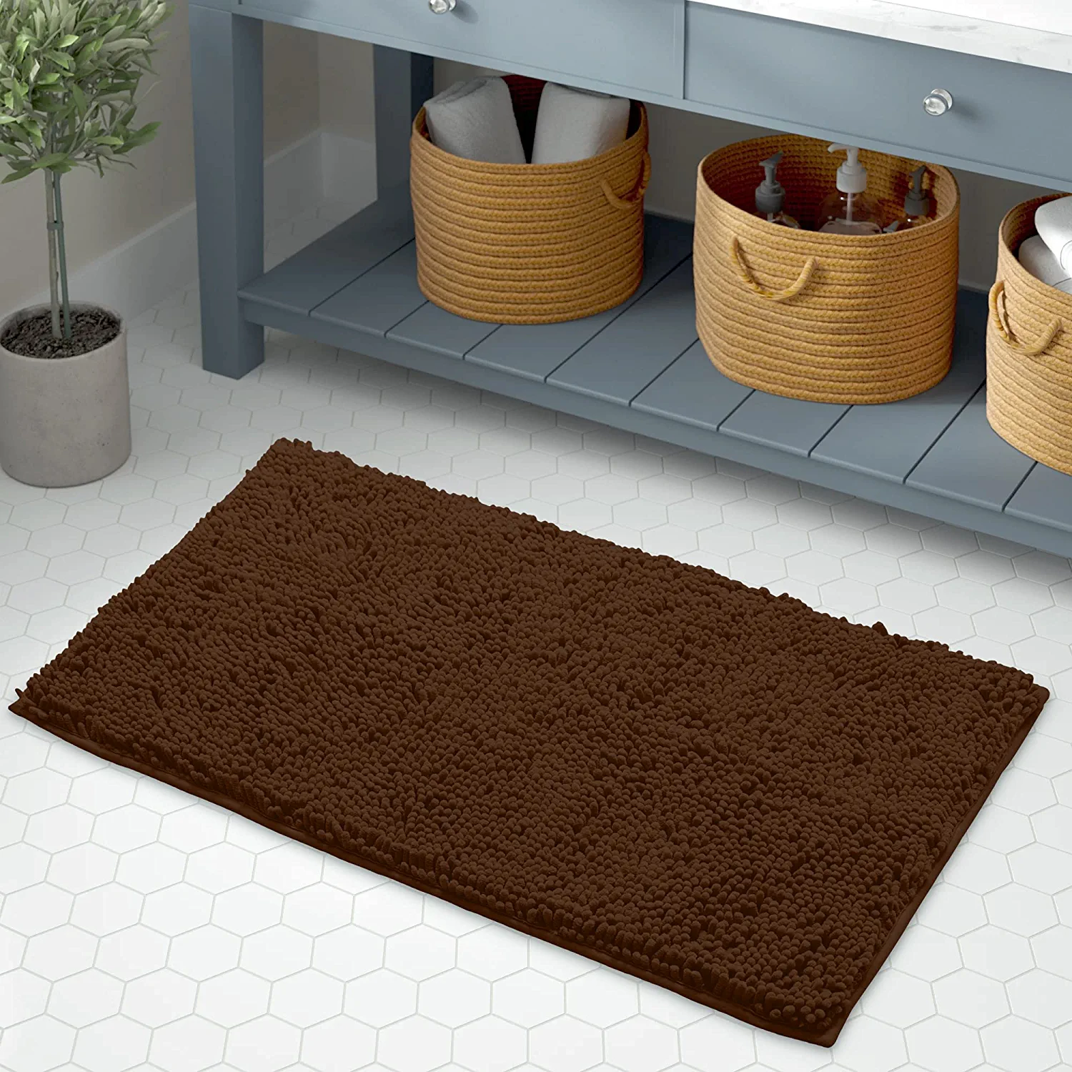 LuxUrux Plush Brown Microfiber Bath Rug, 15" x 23", Waterproof ...
