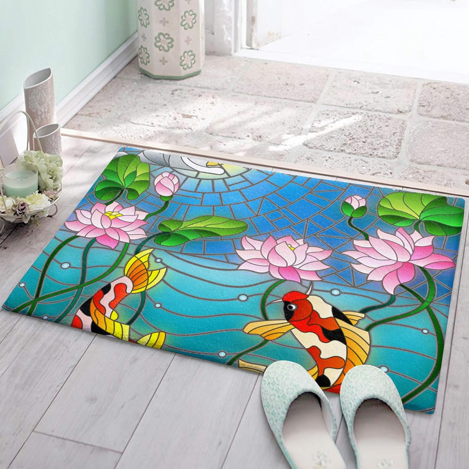 Bath Mat Colorful Carp Koi Fish with Lotus Flower Moon Indoor Outdoor ...