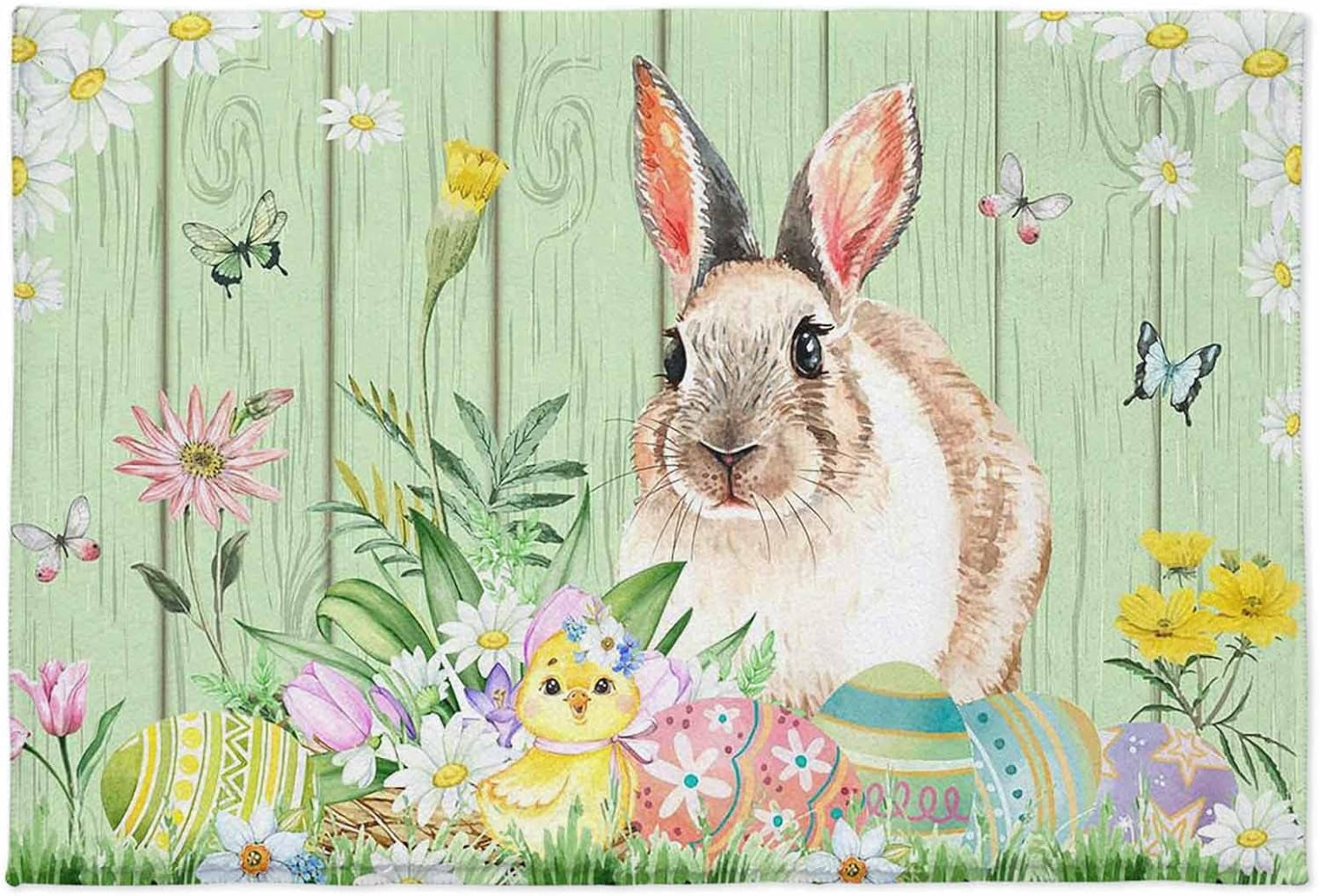 Bath Mat, Easter Rabbit Eggs Daisy Chick Spring Flower Vintage Wooden ...