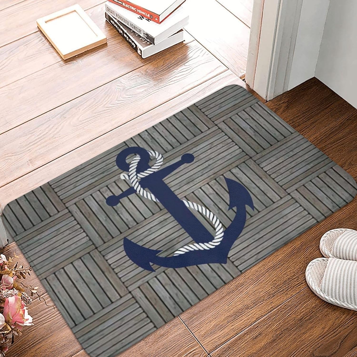 Bath Mat Nautical Navy Blue Anchor Wood Plank Quick Dry Bathroom Rugs ...