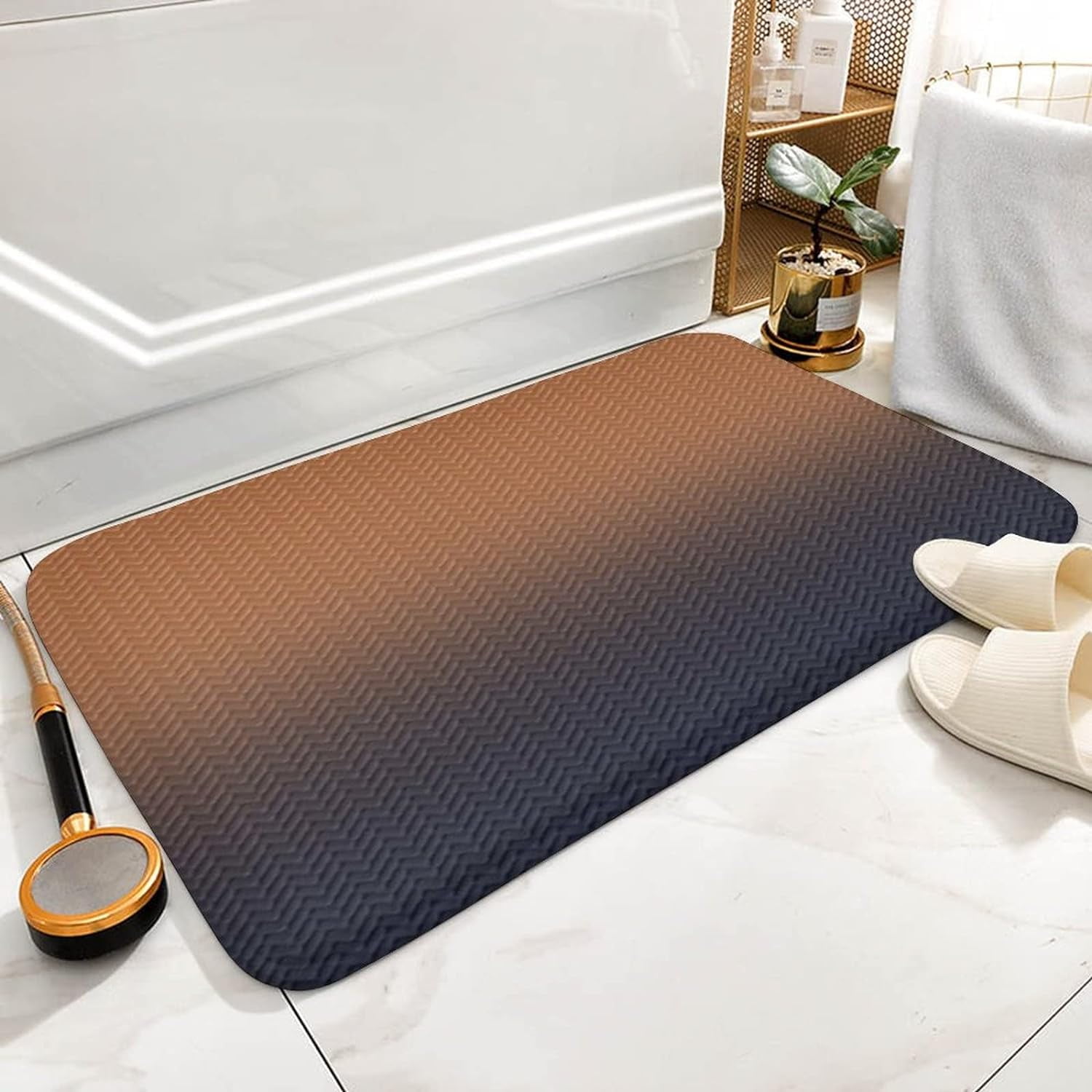 Bath Mat Navy Blue and Brown Herringbone Indoor Outdoor Entrance Door ...
