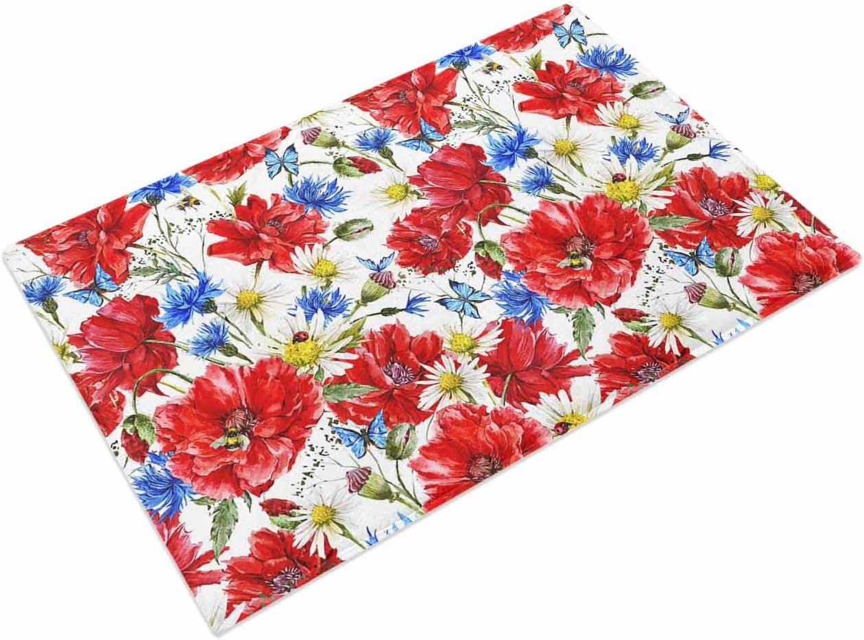Bath Mat Red Poppy and White Daisy Soft Shaggy Bathroom Rugs Floor Mats ...