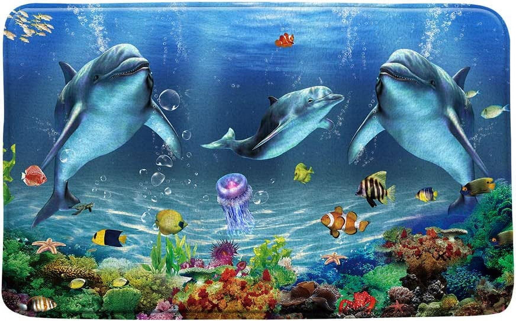 Bath Mat Rug Blue Dolphin Cartoon Marine Life Ocean Whale Sea for ...