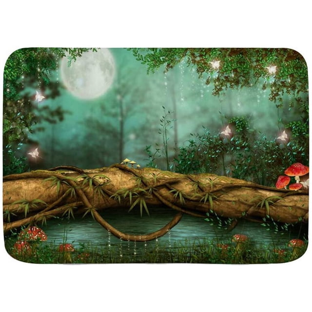Bath Mat Rug,Fantasy Forest Fairy Tale Mushroom Jungle Green Tree Pond ...