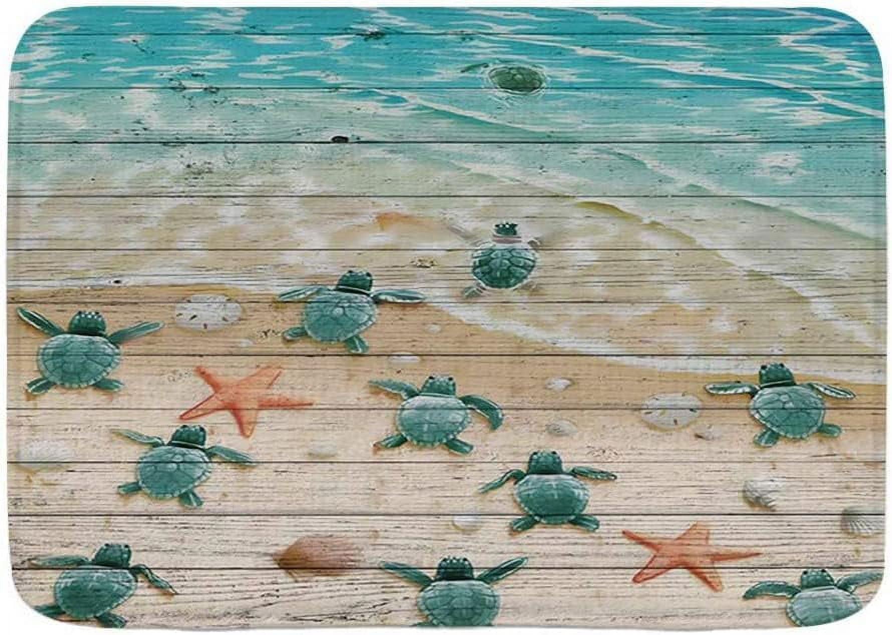 Bath Mat Rug,Sea Turtles and Starfish at Ocean Sandy Beach on Rustic ...