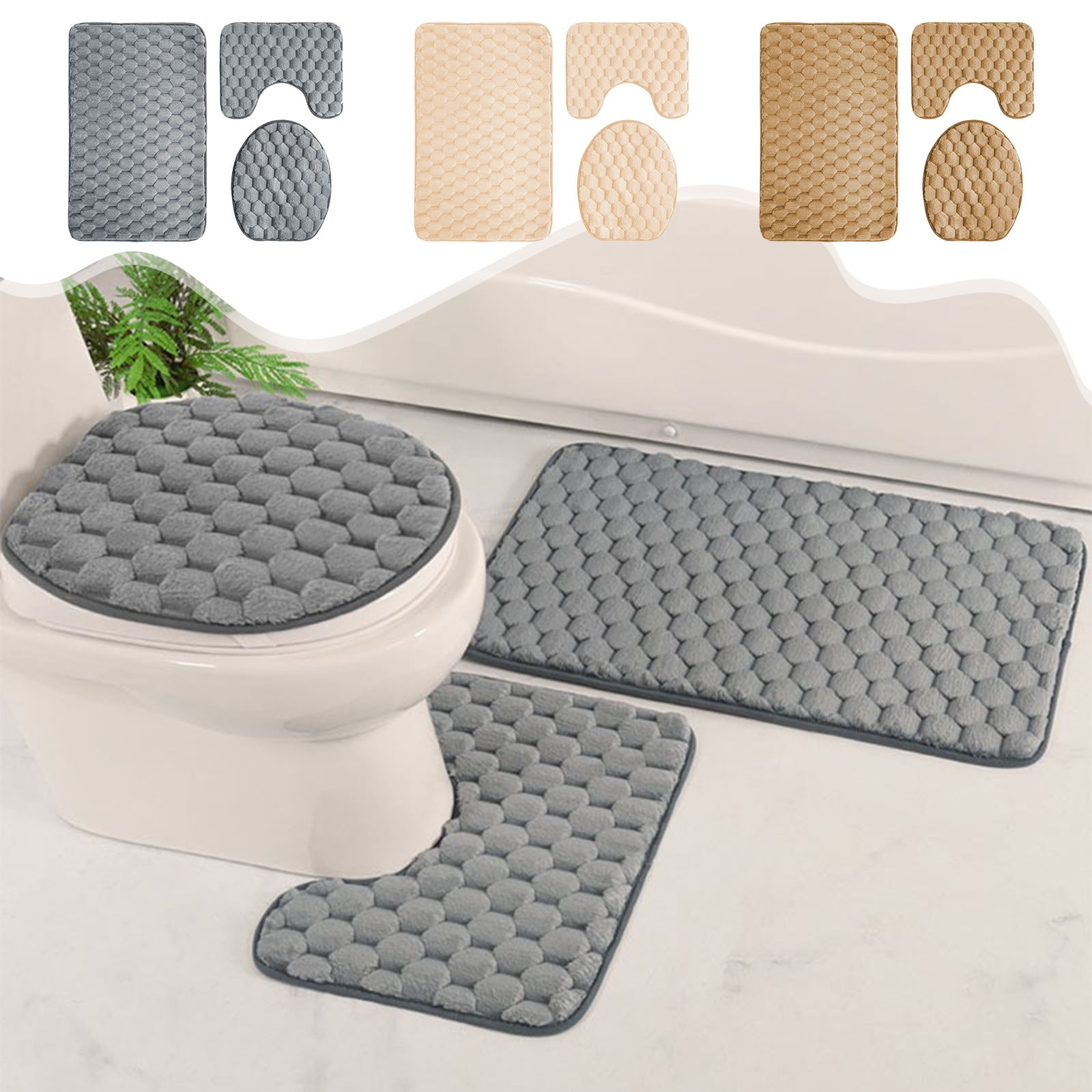 Bath Mat Set 3-Piece Bathroom Rugs, Gray/Beige/Coffee Polyester, Non ...