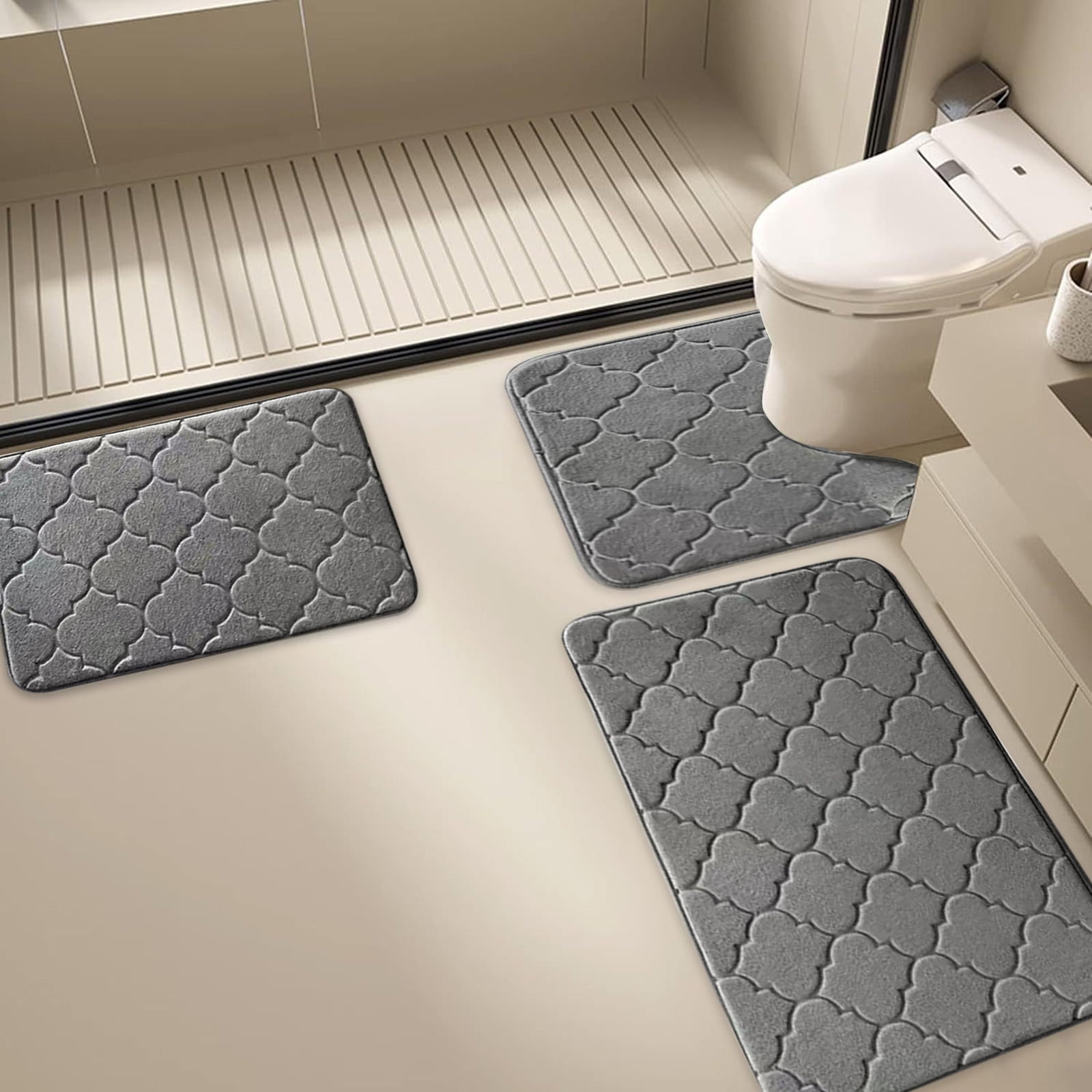 Bath Mat Set 3 Piece Floor Mat Water Absorption Machine Washable Toilet ...