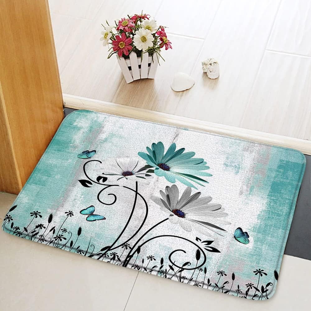 Bath Mats for Bathroom Farmhouse Floral Rustic Teal Daisy Flower ...