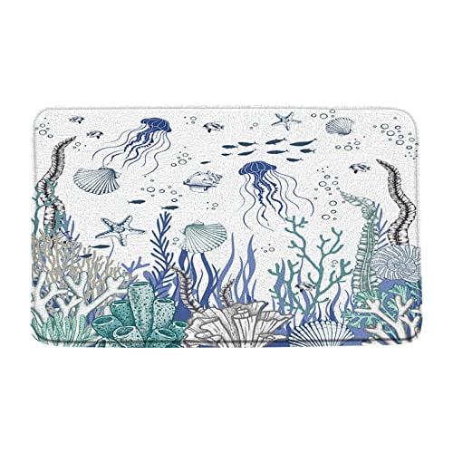 Bath Mats for Bathroom Nautical Jellyfish Bath Mat Blue Sea Animal ...