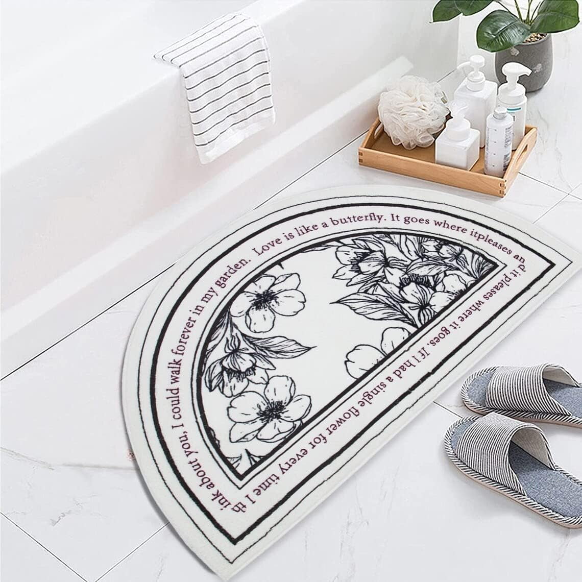 Bath Mats for Bathroom Retro Black and White Floral Half Circle Area ...