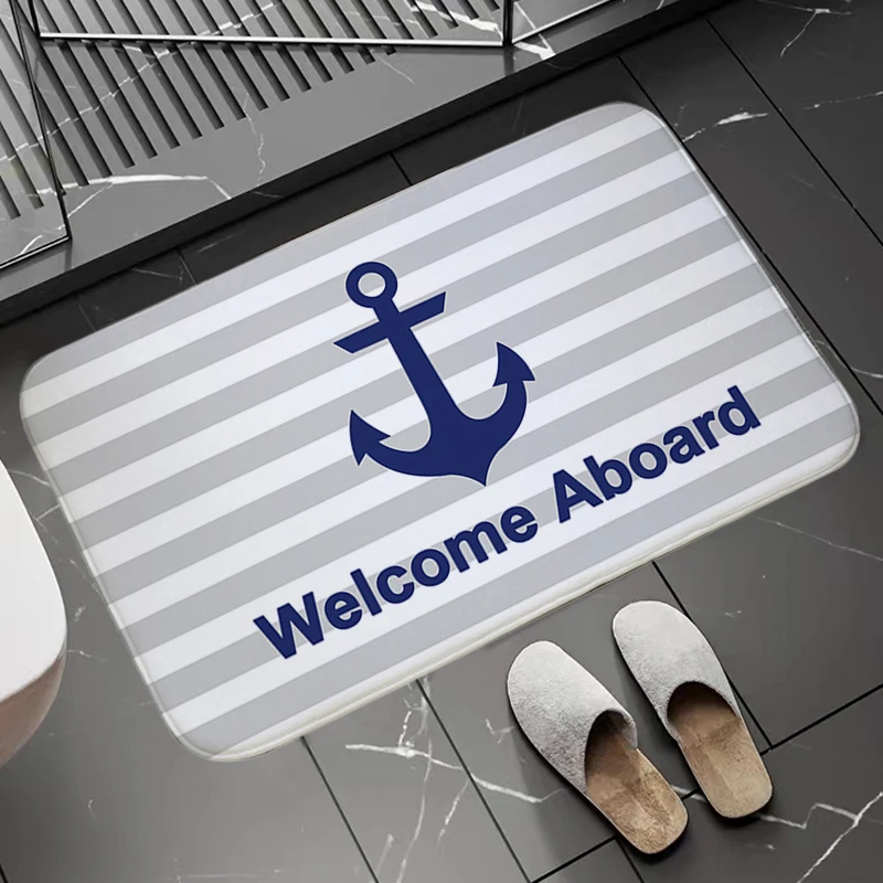 Bath Mats Chic Nautical Anchor Boat Navy Blue Stripes Bathroom Floor ...