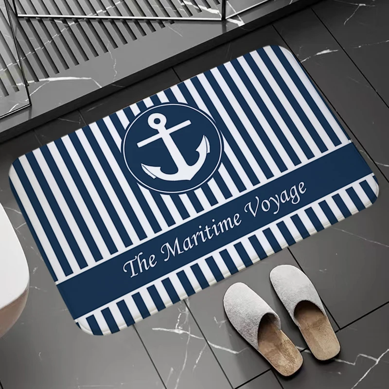 Bath Mats Chic Nautical Anchor Boat Navy Blue Stripes Bathroom Floor ...