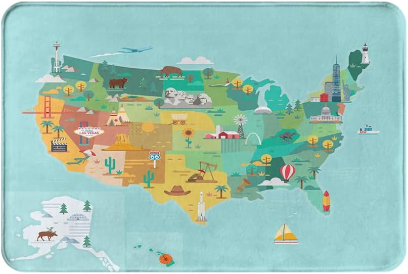 Bath Mats for Bathroom Non-Slip 16"x24" USA Tourist Map with Famous ...