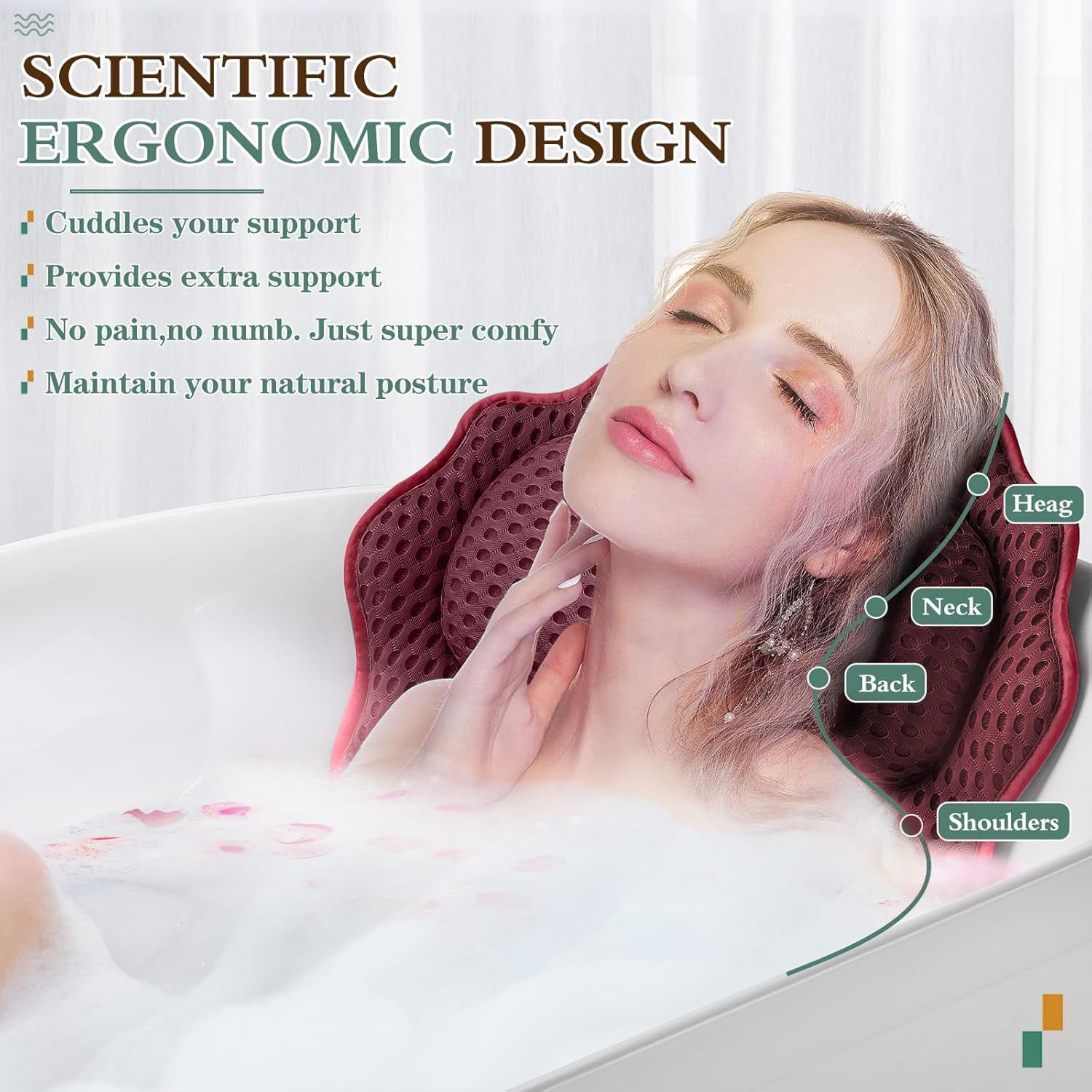 Bath Pillow Dark Red 4D Air Mesh Support for Head Neck and Shoulders ...