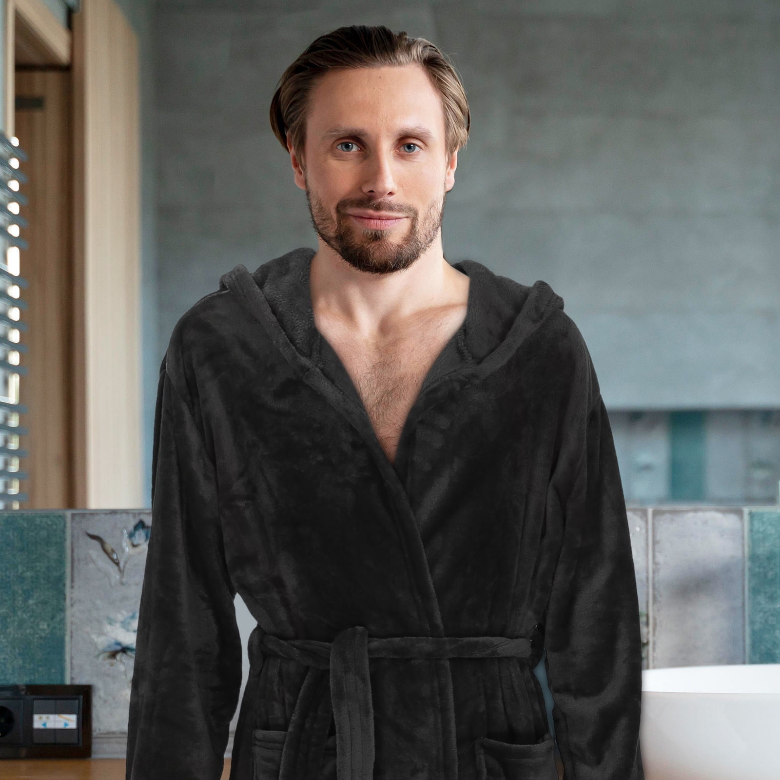 Bath Robe Shower Robe Towel Robe Men's Hooded Robes Long Spa Robe With ...