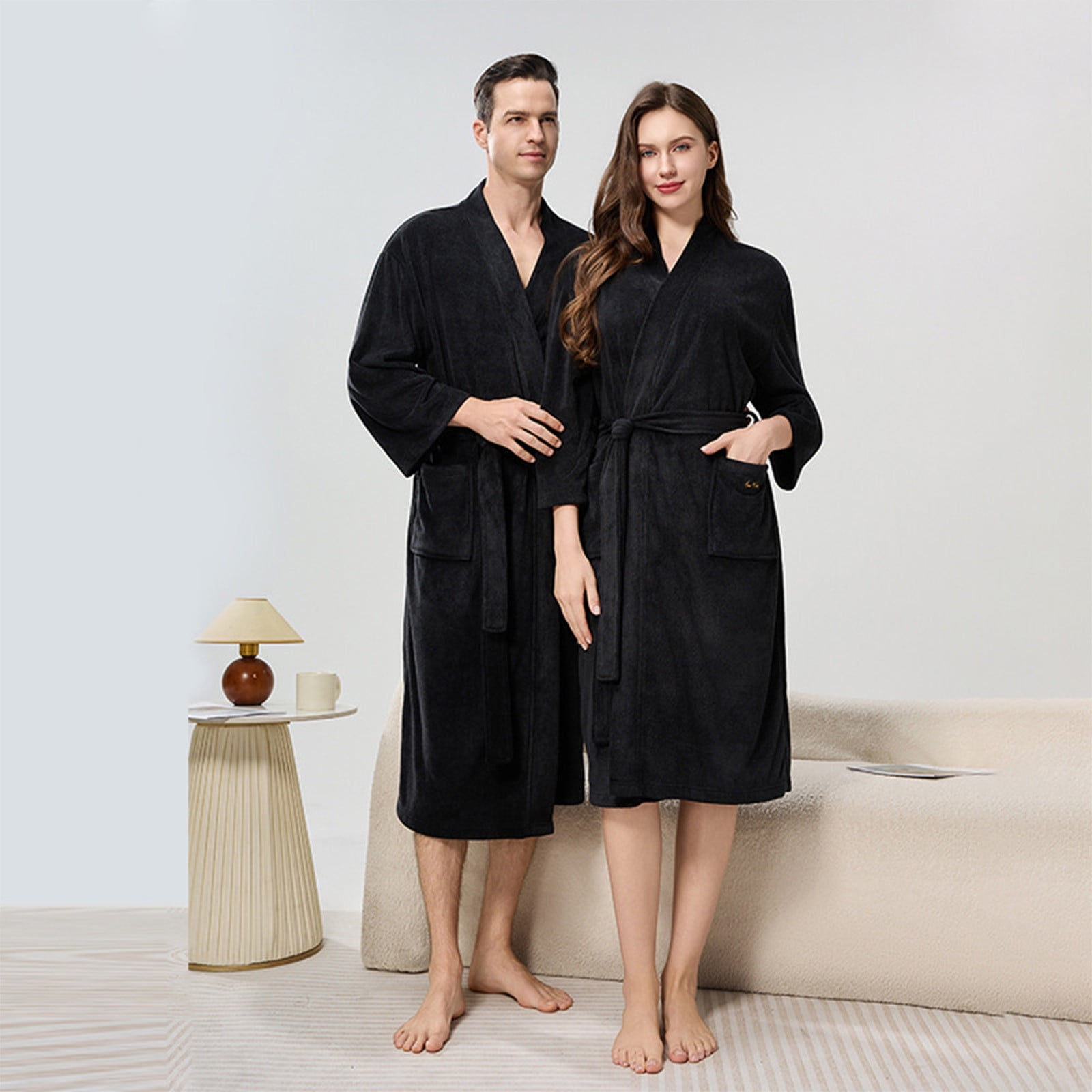 Bath Robes for Men Women with Pockets and Belt Plush Fleece Long Sleeve ...