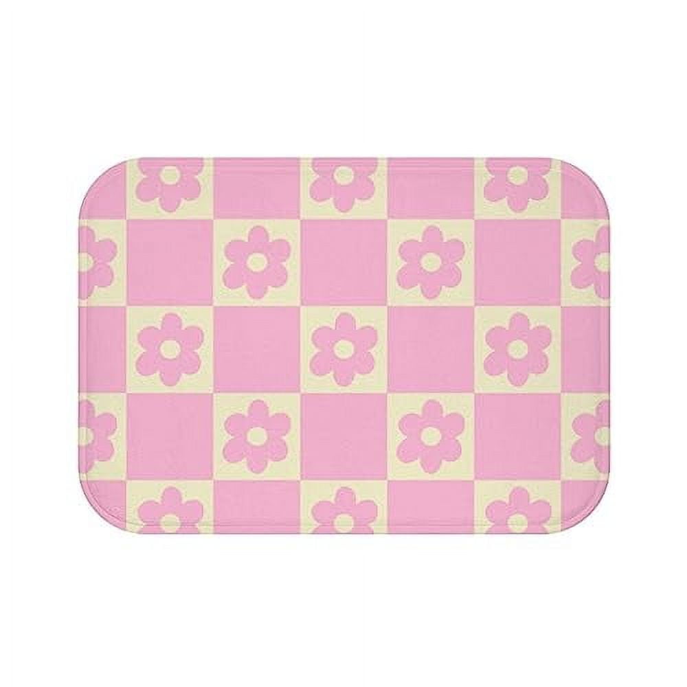 Bath Rug Checkered Flowers Bath Mat Danish Pastel Pink Yellow Aesthetic ...